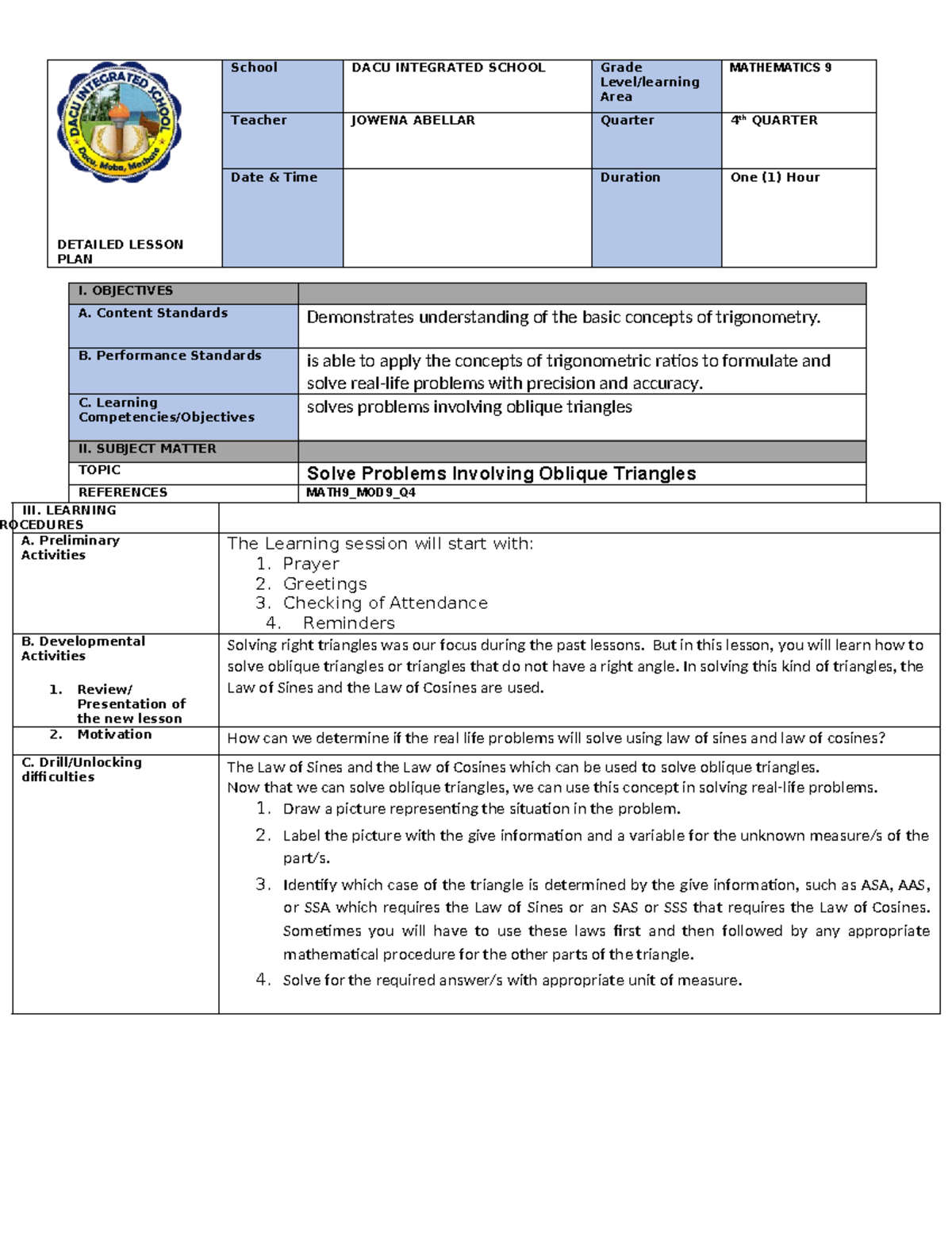 LP Grade 9 Solve Problems Involving Oblique Triangles - DETAILED LESSON ...