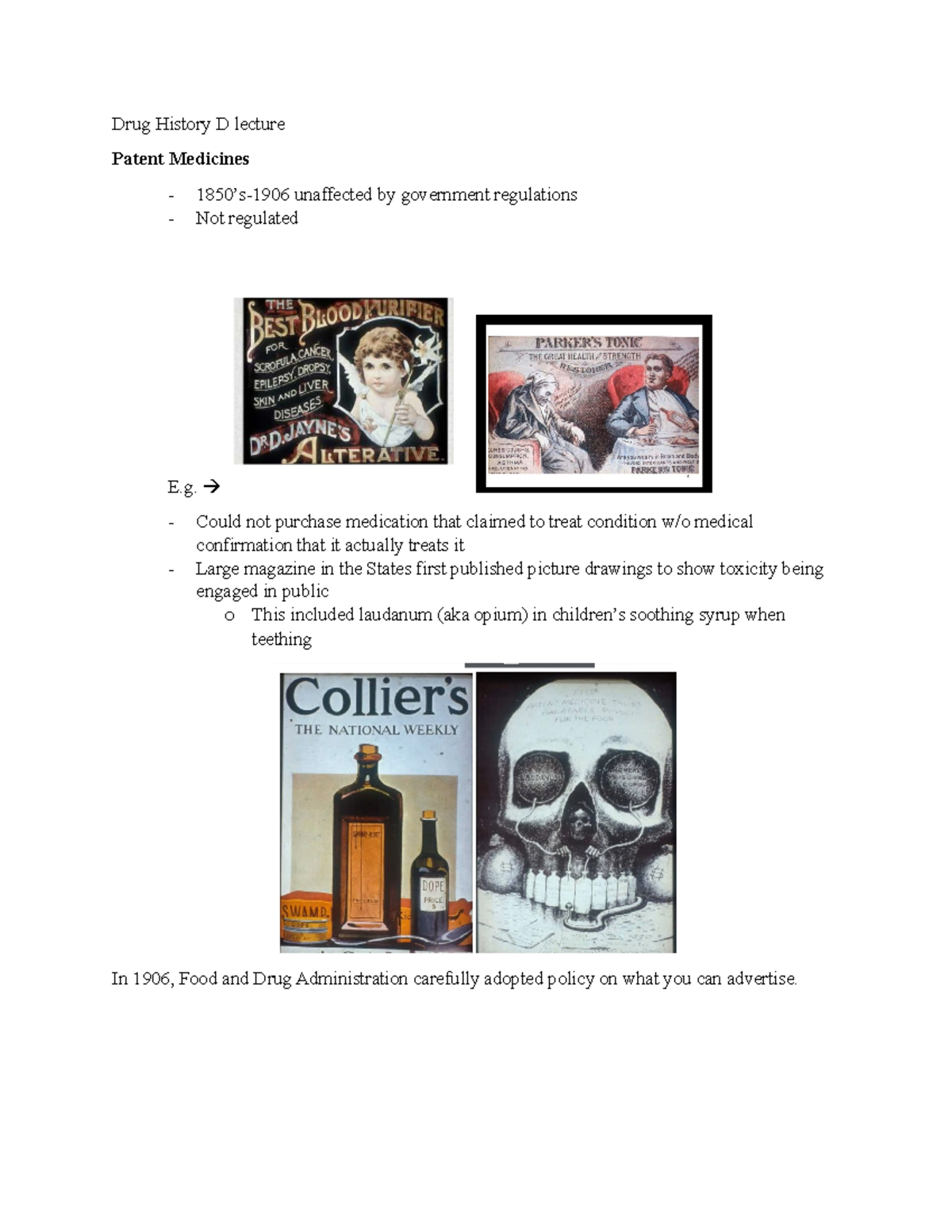 Drug History D lecture - Drug History D lecture Patent Medicines 1850’s ...