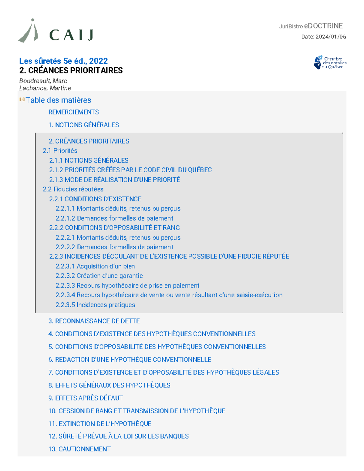 2. Créances Prioritaires - Date: 2024/01/ JuriBistro eDOCTRINE ...