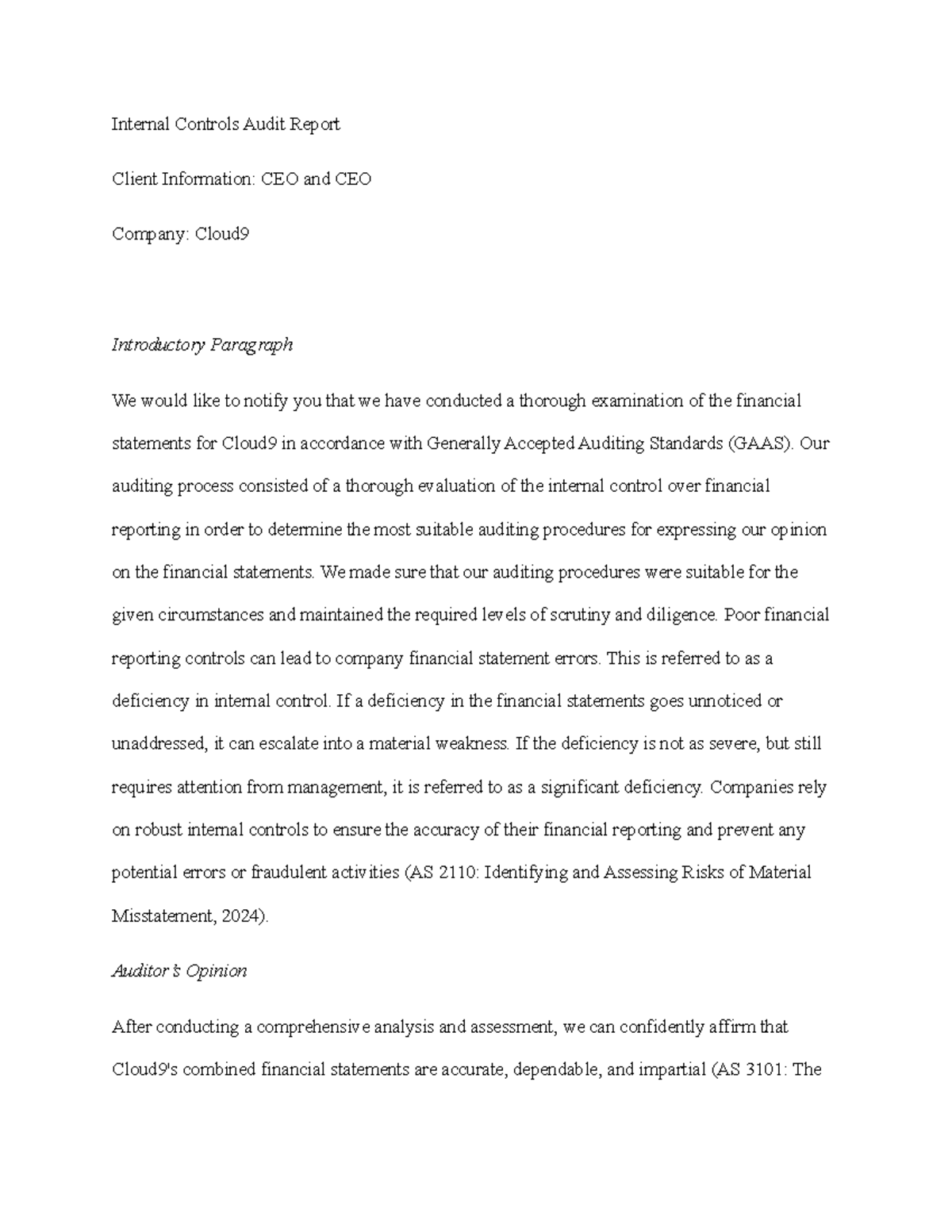 ACC 411 Project Three Internal Controls Report - Internal Controls ...