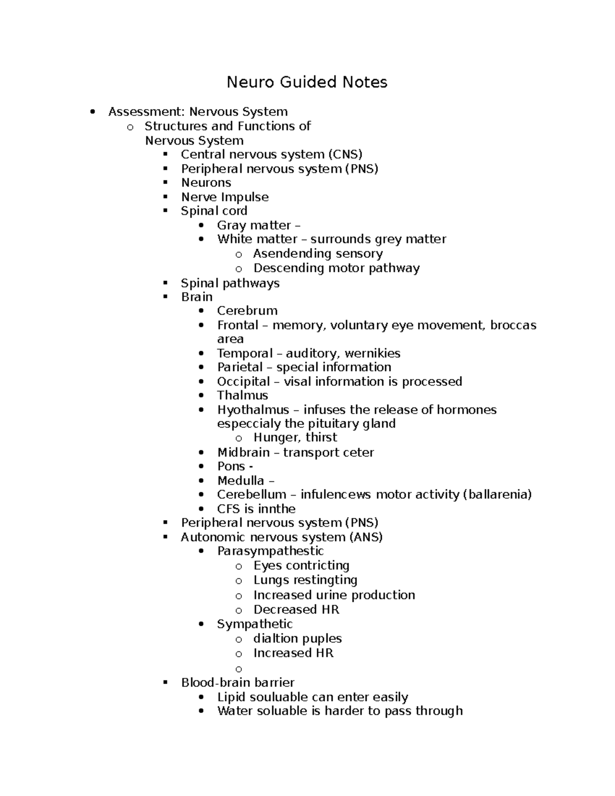 RNRS 216 Neuro Guided Notes - Neuro Guided Notes Assessment: Nervous ...