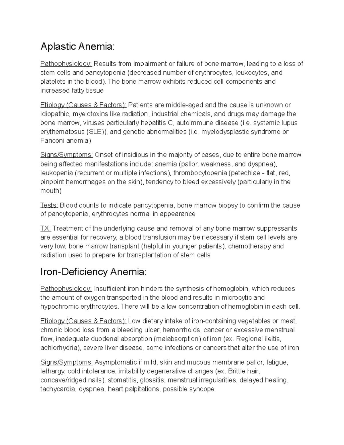 Anemia Worksheet - Aplastic Anemia: Pathophysiology: Results from ...