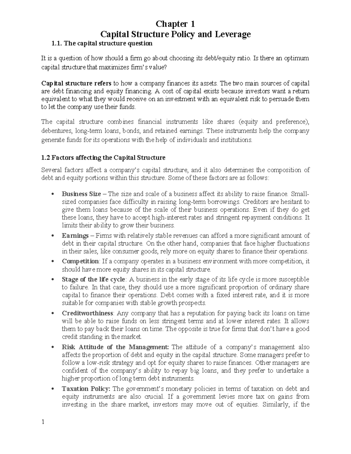 FM II Ch-1 - Chapter 1 Capital Structure Policy and Leverage The capital structure question It ...