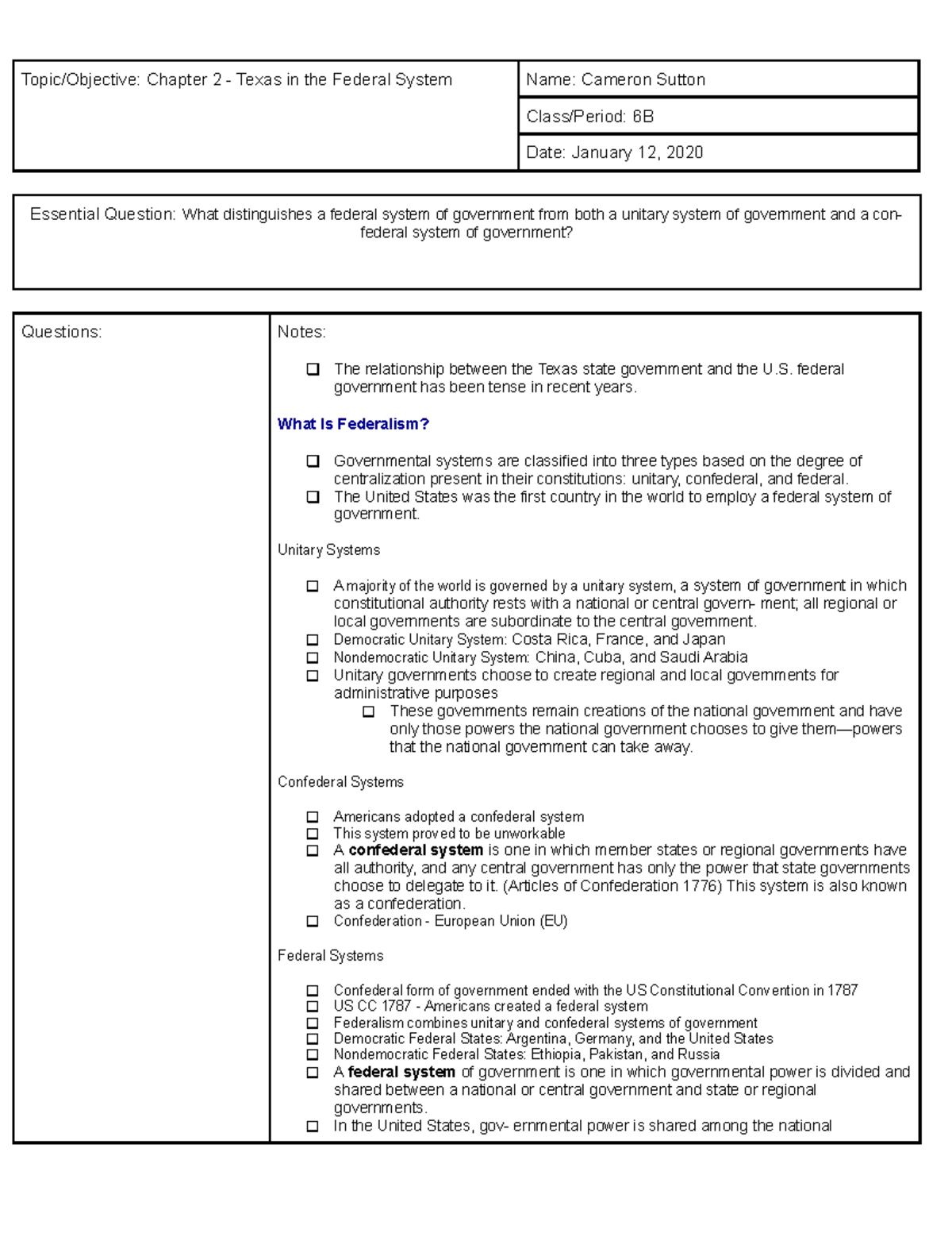 Chapter 2 Notes- TX Gov - Topic/Objective: Chapter 2 - Texas in the ...
