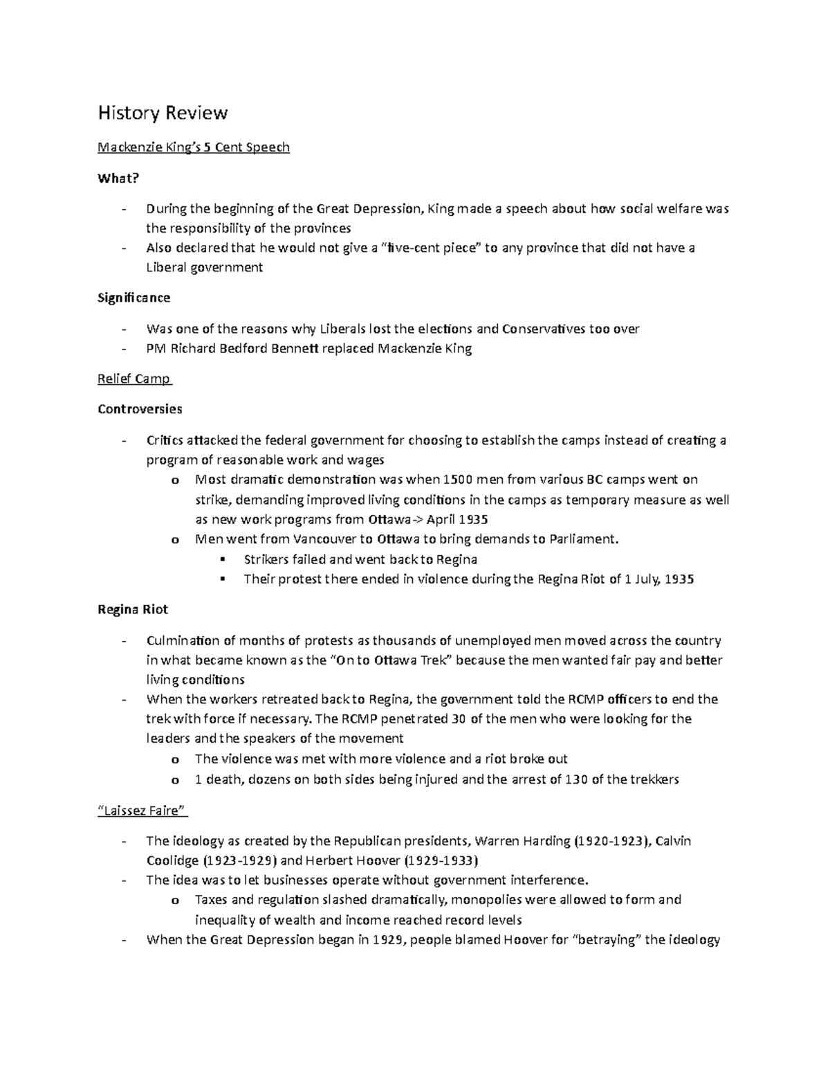 History Review - summer school - History Review Mackenzie King’s 5 Cent ...