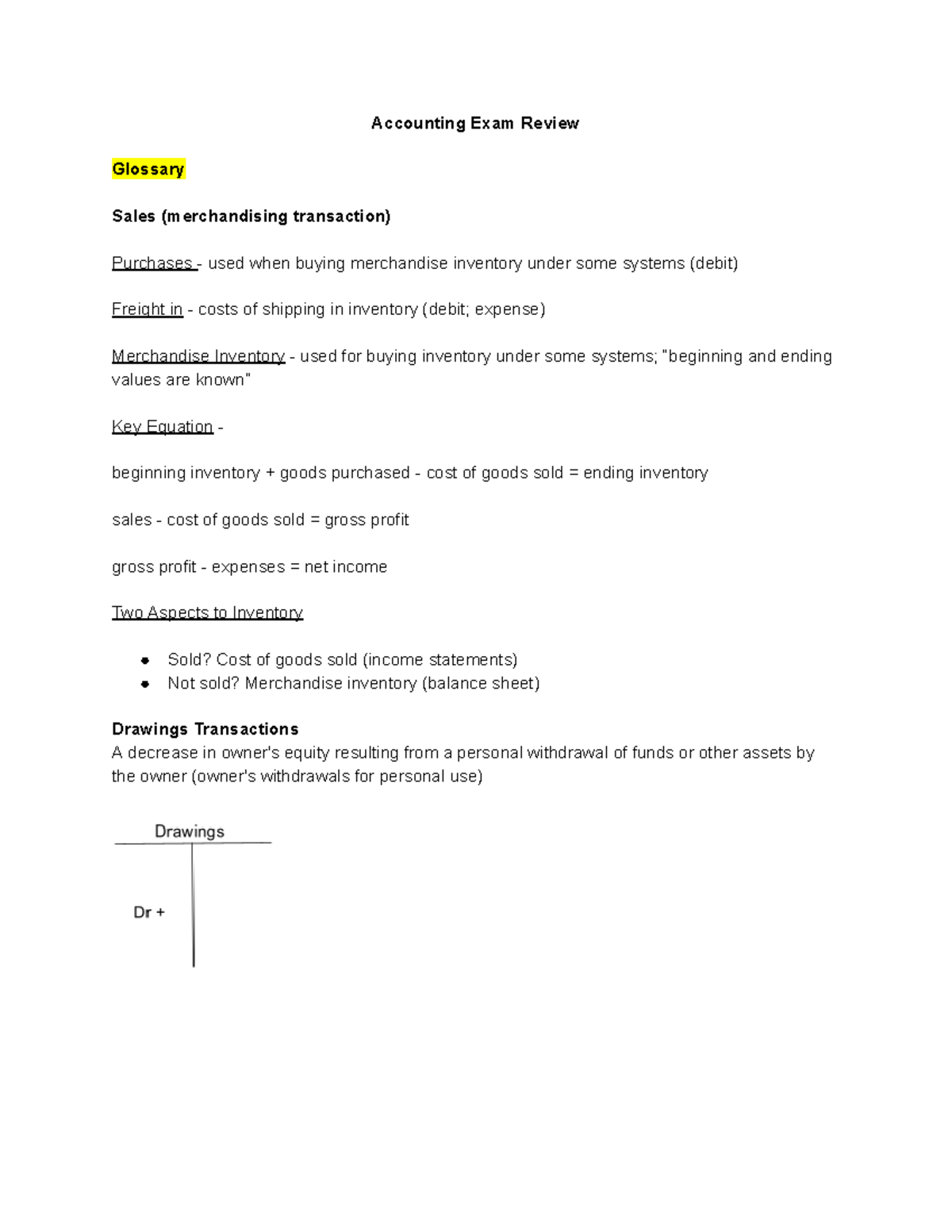 Grade 11 Accounting Exam Review - Accounting Exam Review Glossary Sales ...