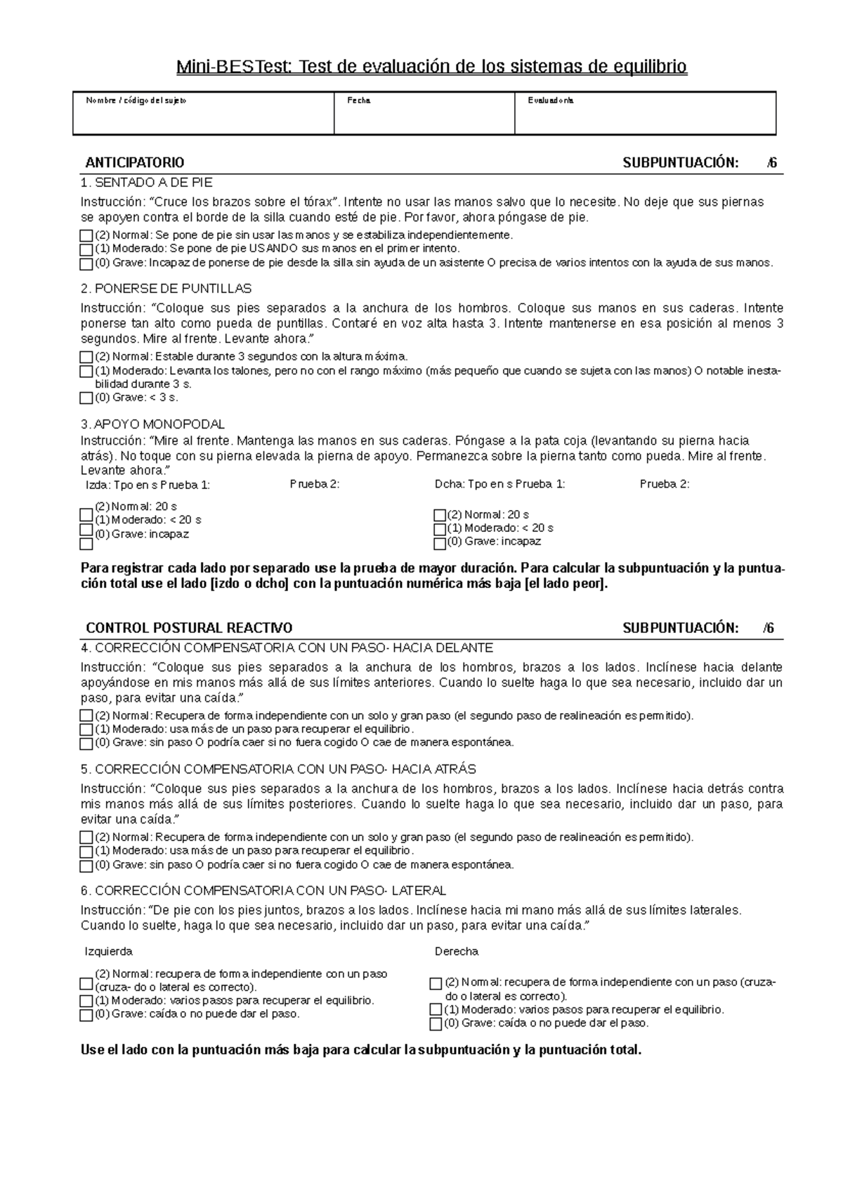 Mini BESTest Español - TRADUCIDO - Mini-BESTest: Test de evaluación de ...