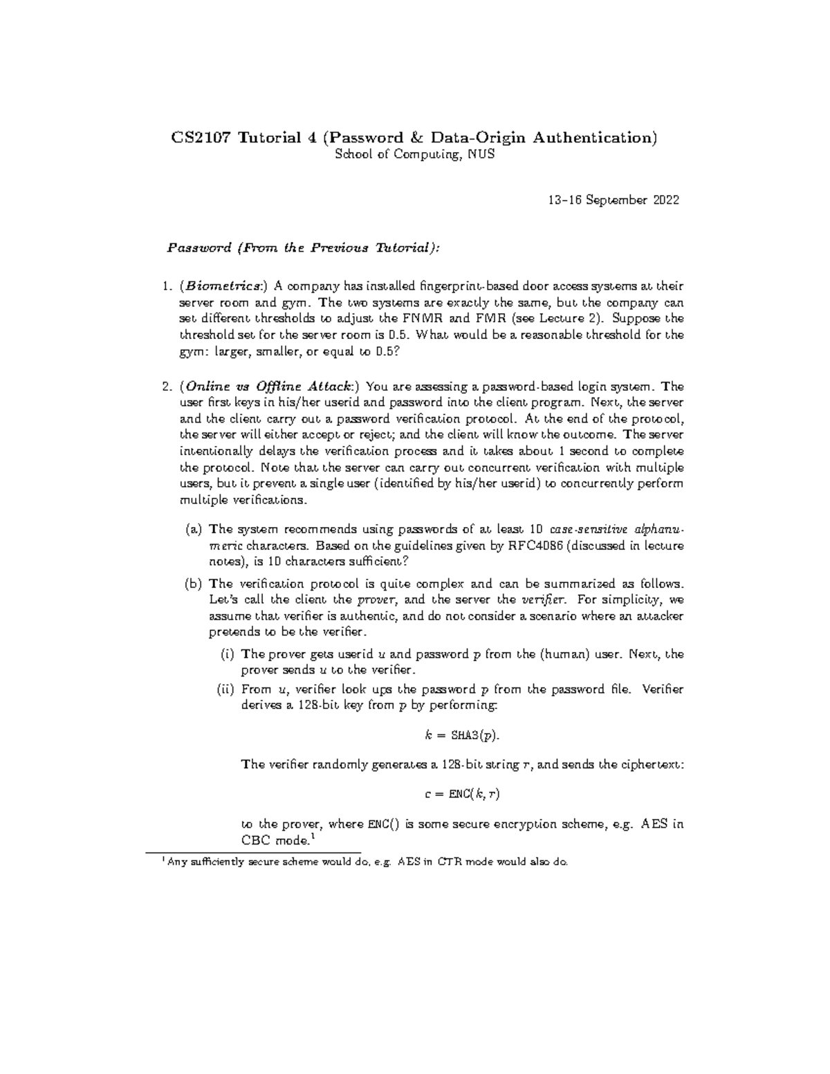 CS2107 Tutorial 4 - Tut 04 - CS2107 Tutorial 4 (Password & Data-Origin Authentication) School of ...