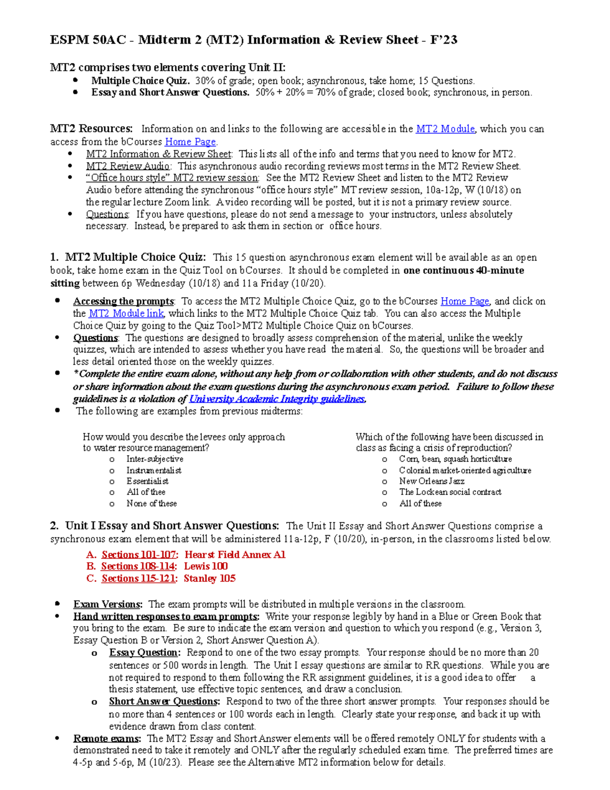 ESPM 50 - MT2 - Information & Review sheet - F'23 - ESPM 50AC - Midterm ...