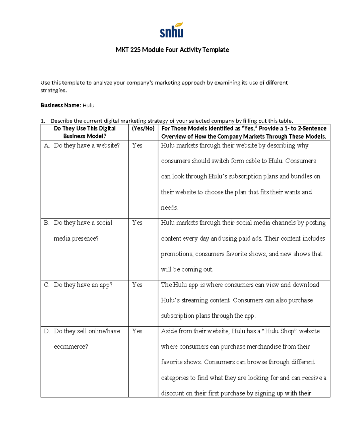 MKT 225 Module Four Activity Template - MKT 225 Module Four Activity ...