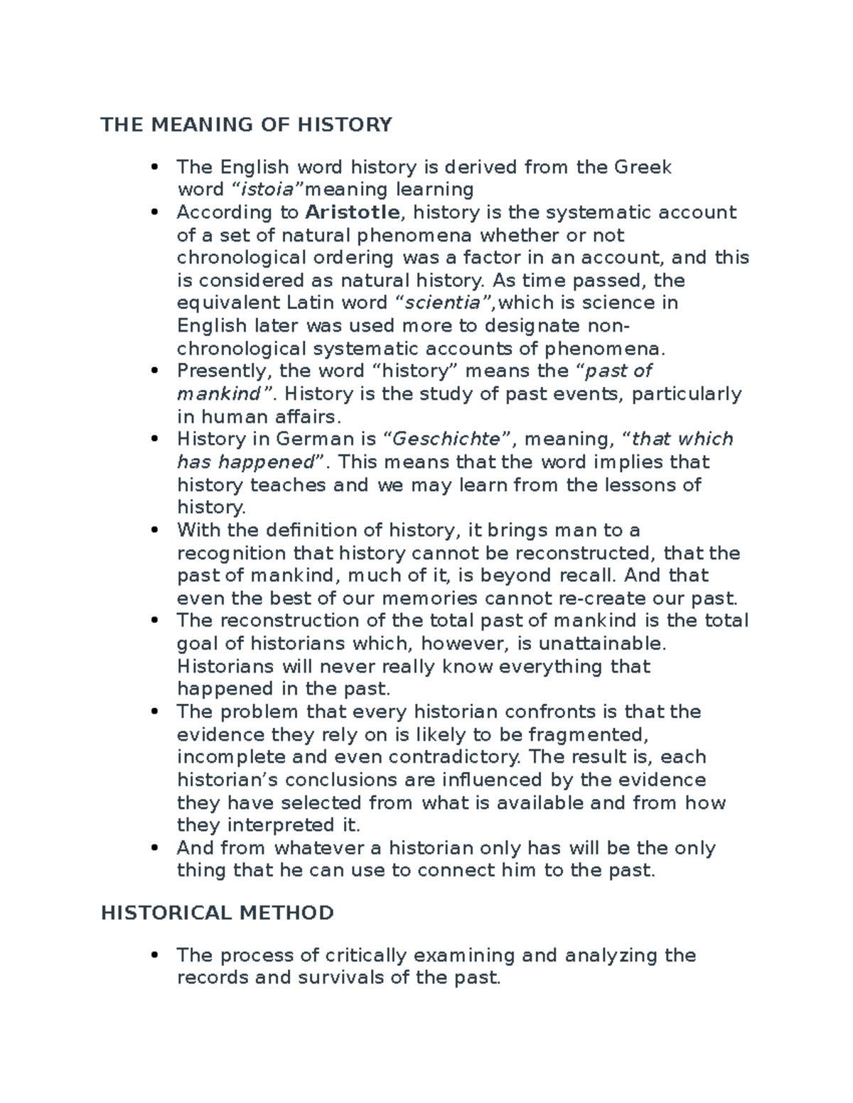 History 1 notes lecture - THE MEANING OF HISTORY The English word ...