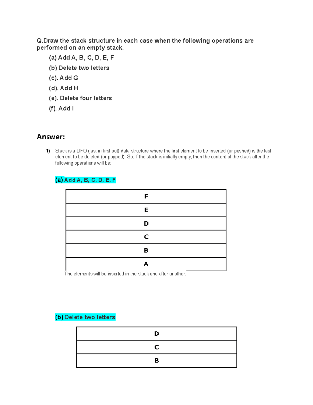 Stack - Q the stack structure in each case when the following ...