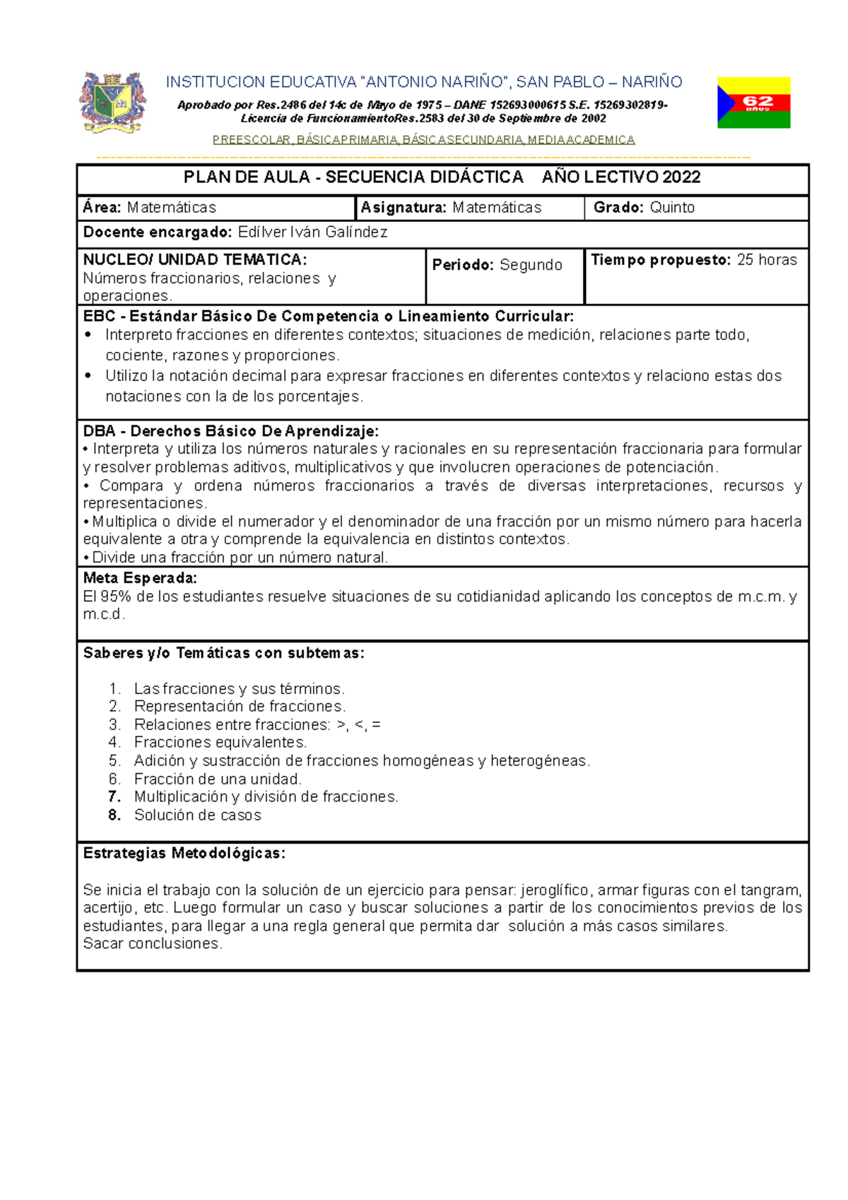 PLAN DE AULA No. 5 Matemáticas Quinto Fracciones Parte 1 - INSTITUCION EDUCATIVA “ANTONIO NARIÑO ...