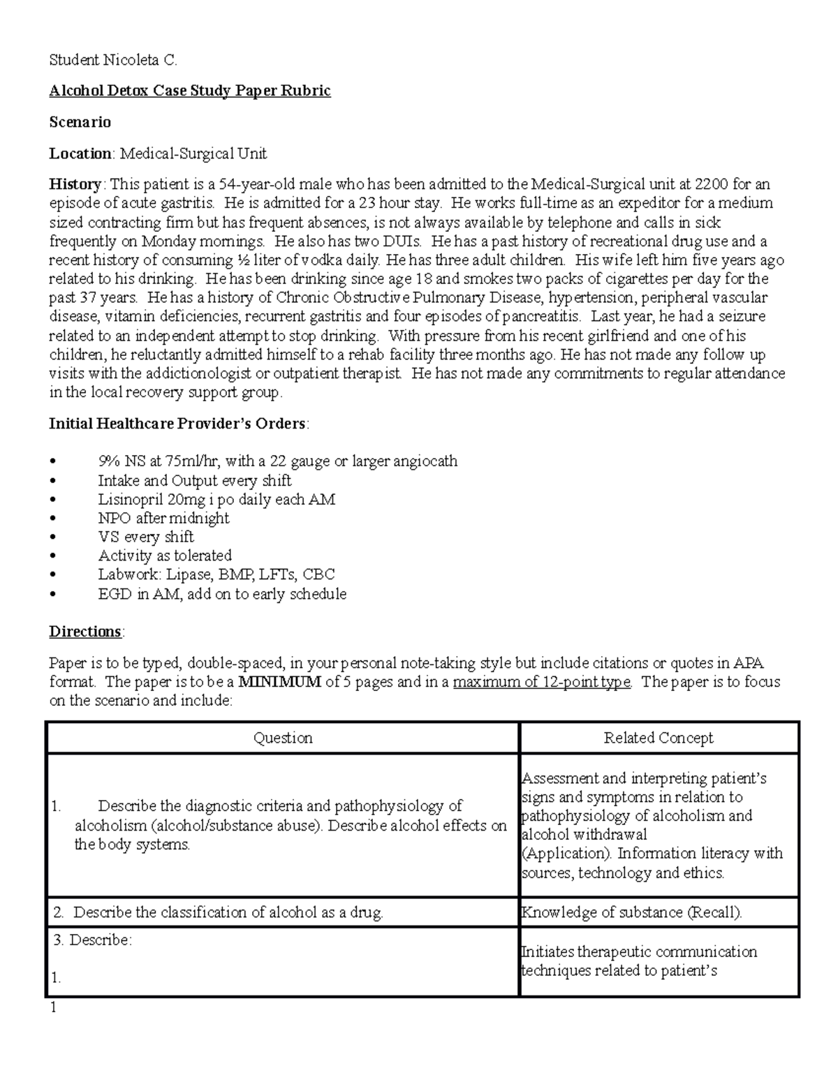 ETOH paper - Student Nicoleta C. Alcohol Detox Case Study Paper Rubric ...