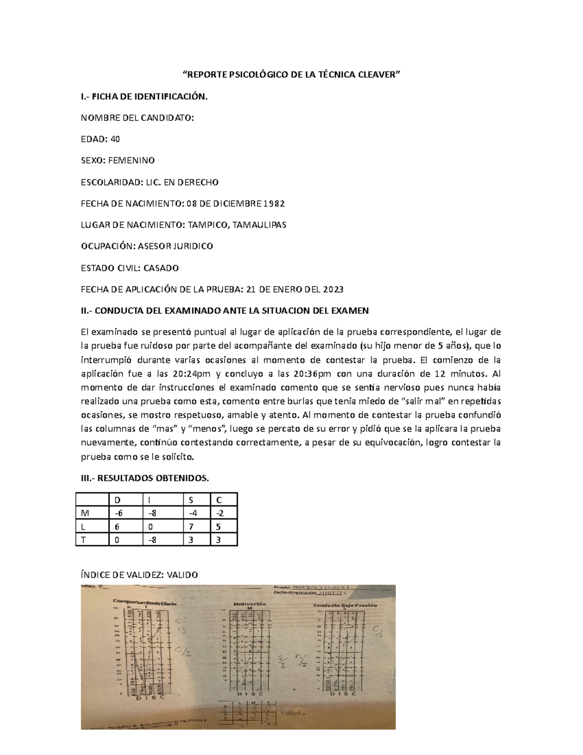 Reporte sujeto 1 - PRUEBA EJEMPLOS CLEAVER - “REPORTE PSICOLÓGICO DE LA ...