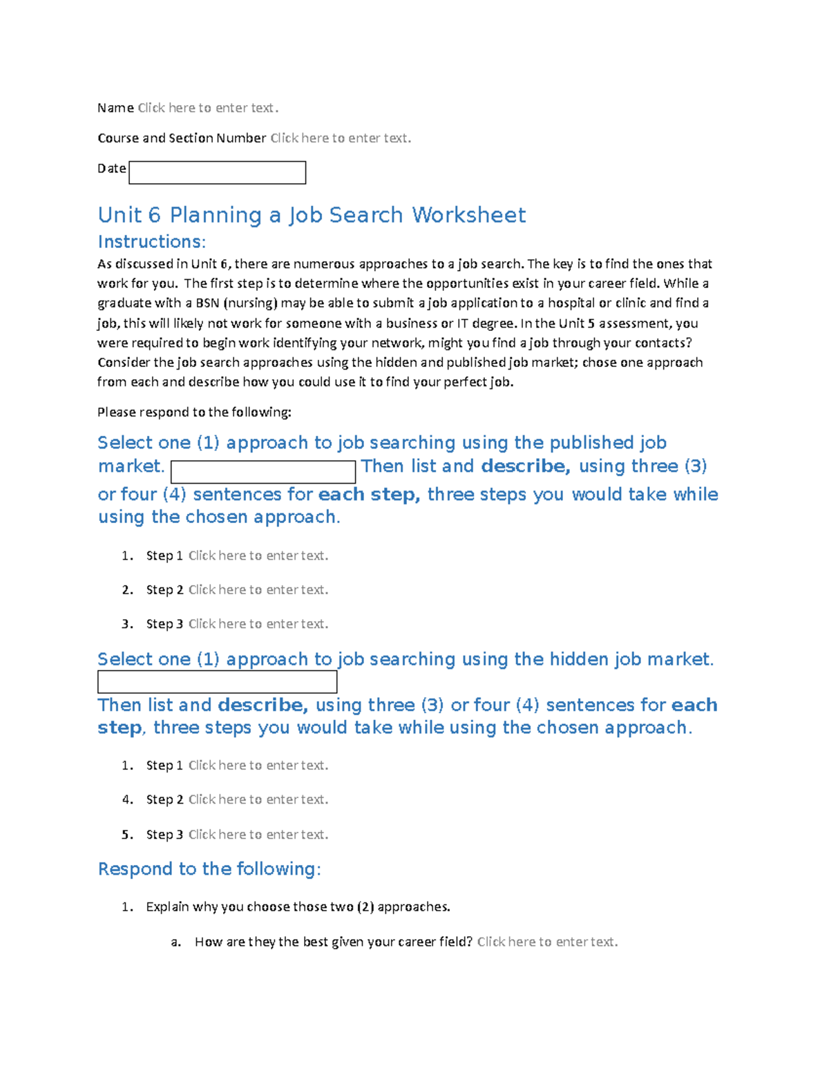 PD202 Unit 6 Planning a Job Search - Name Click here to enter text ...