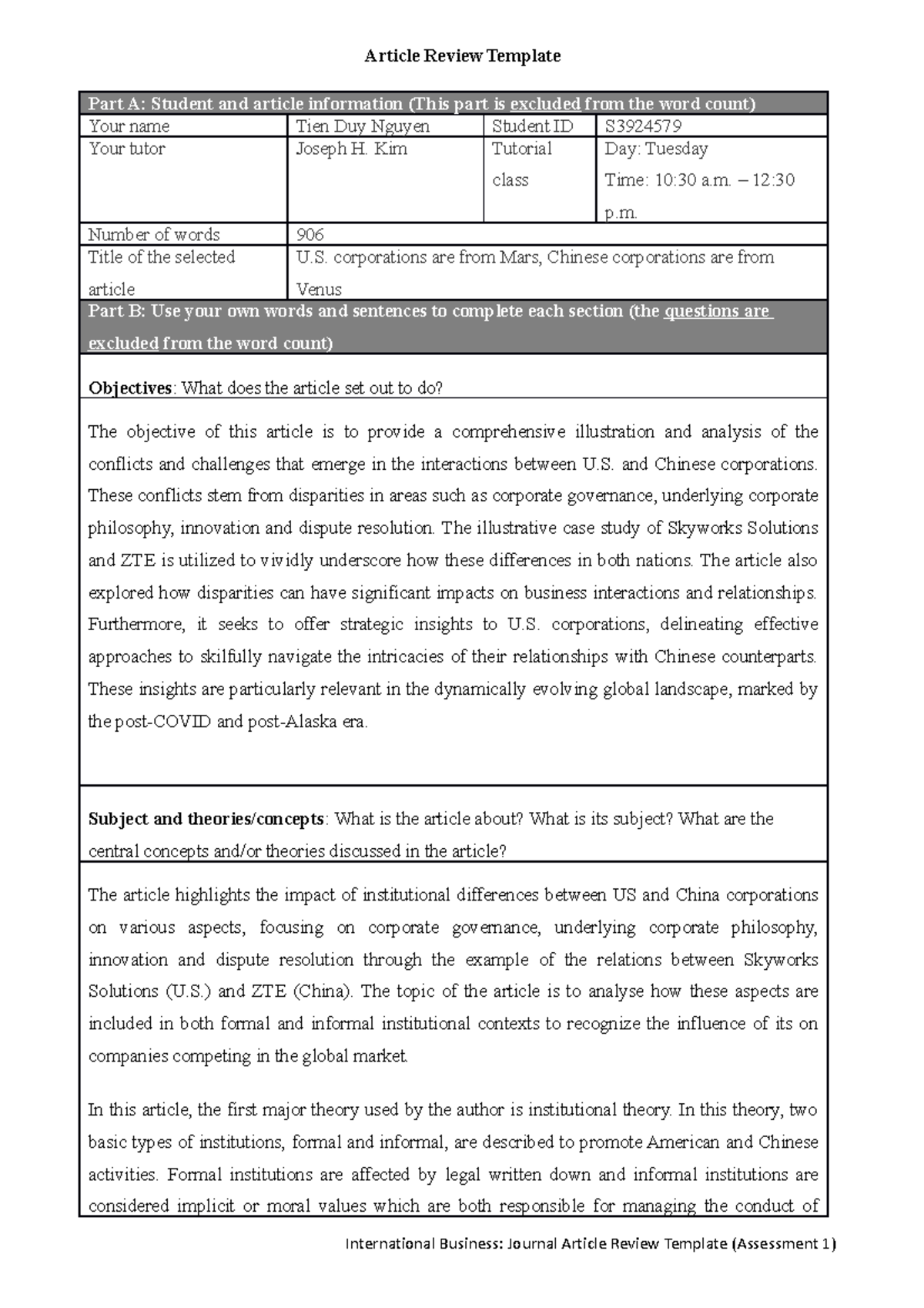 Jornal Article Review -1 - Article Review Template Part A: Student and ...