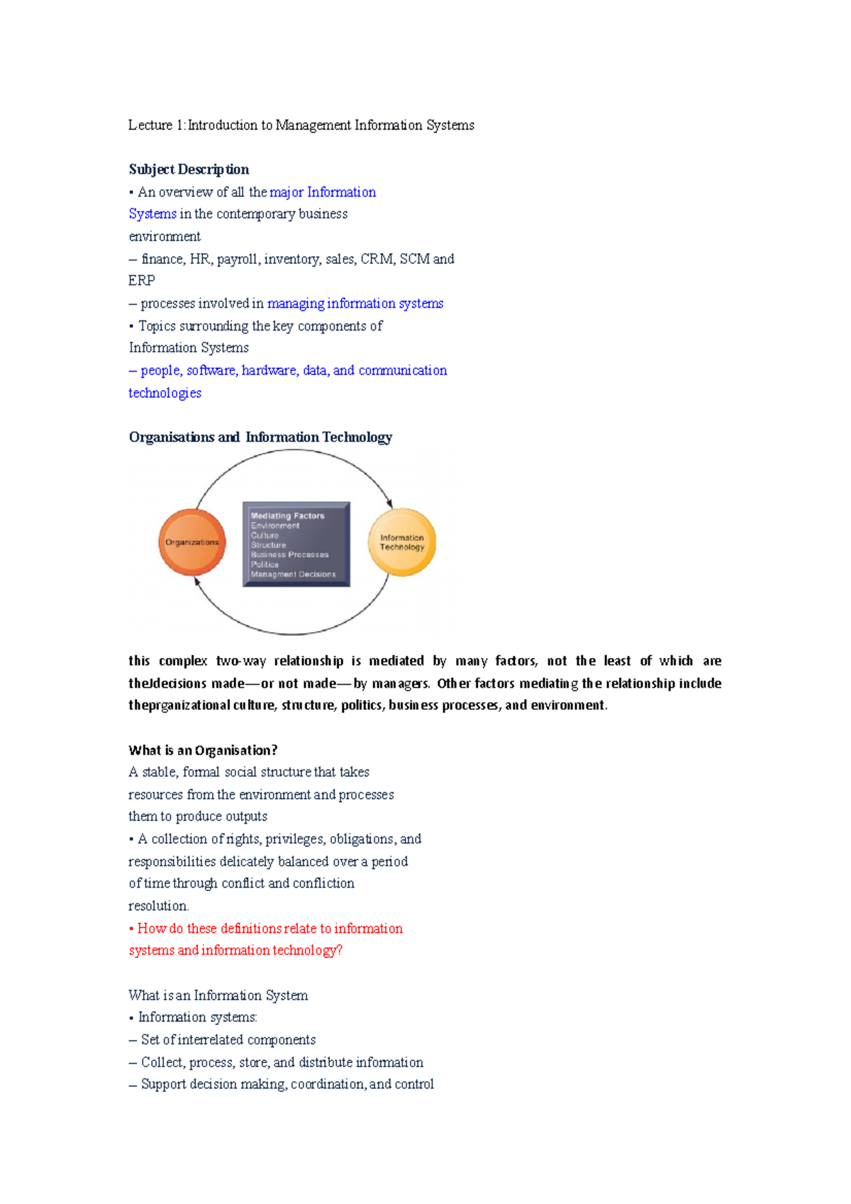 复习资料 - mid revision - Lecture 1:Introduction to Management Information Systems Subject ...