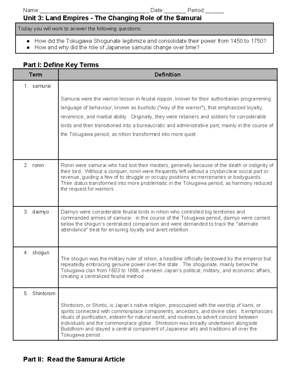 Copy of Unit 3 Samurai Inquiry Lesson (APWH Student Handout) - - Studocu