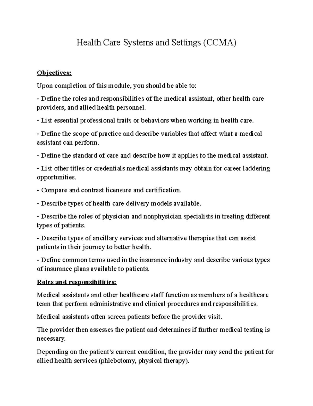 Health Care Systems and Settings (CCMA) - Health Care Systems and ...