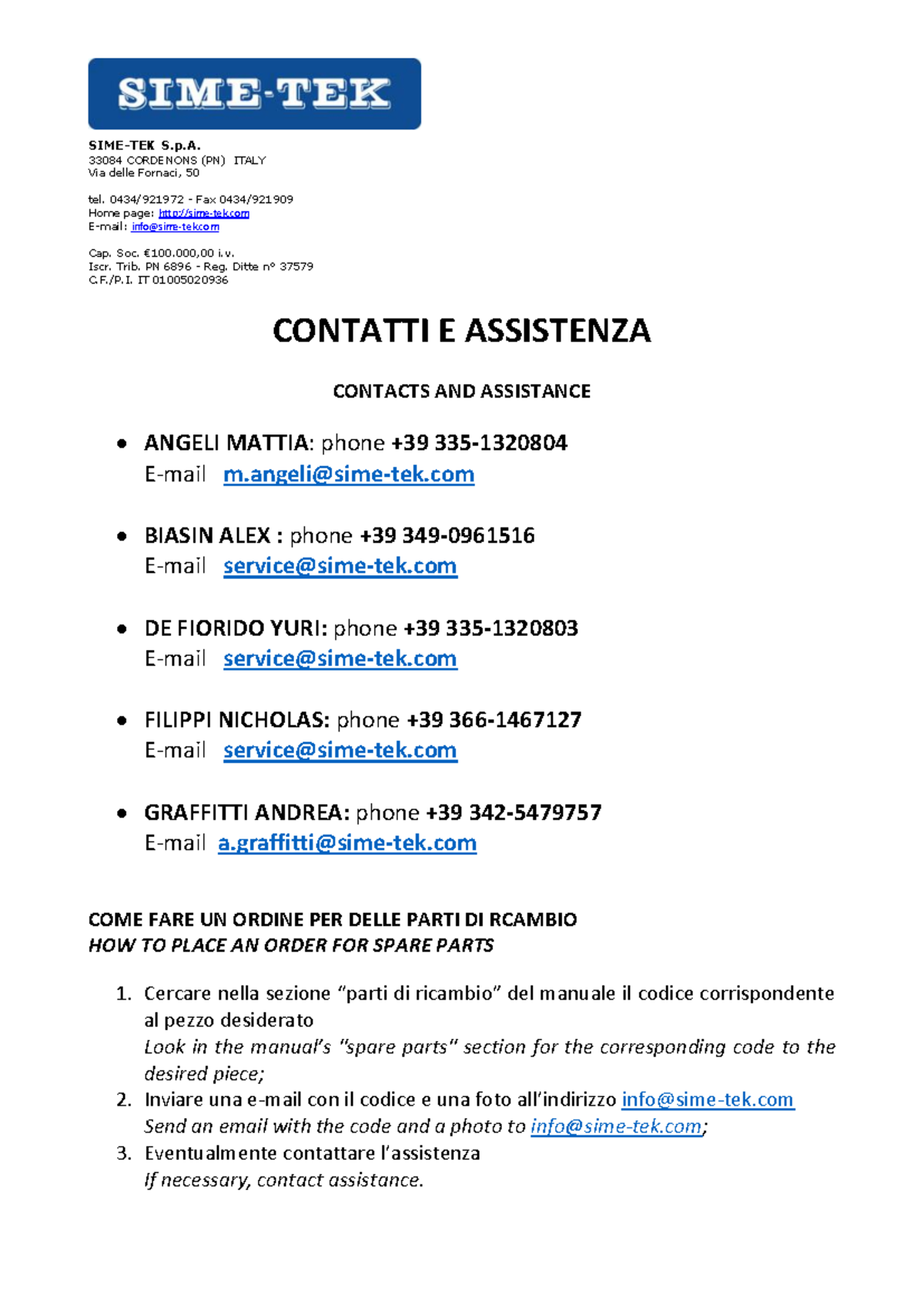 Contatti E Assistenza - Resumen seguridad higienes de trabajo industrial - SIME-TEK S.p. 33084 ...