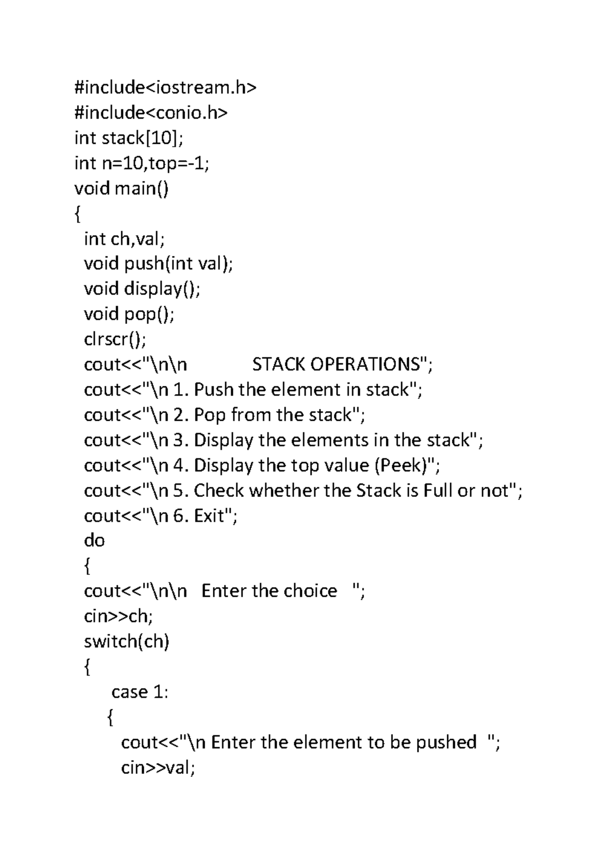 Stack operations - Hehejejjkrkrk - #include #include int stack[10]; int - Studocu