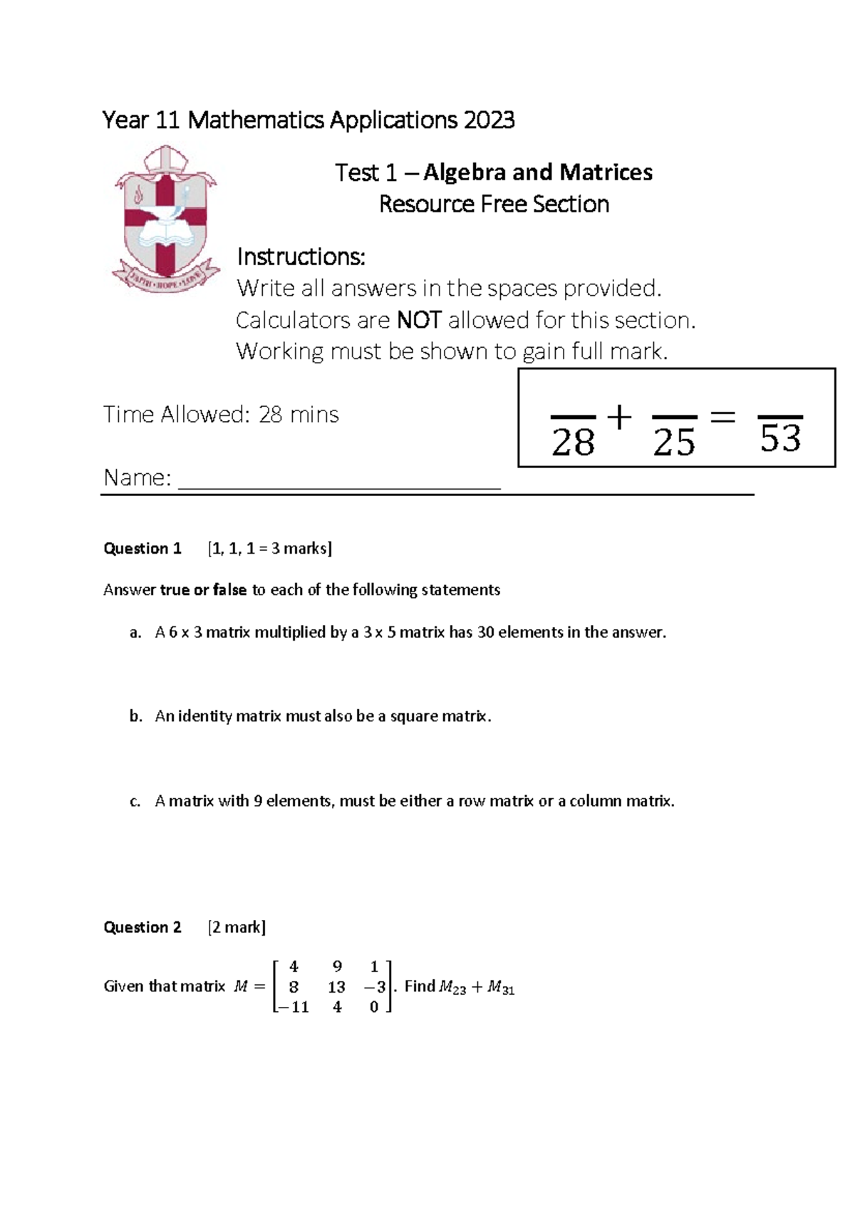 JSRACS AEMAA Test 1 Matrices & Formulae 2023 - Year 11 Mathematics ...