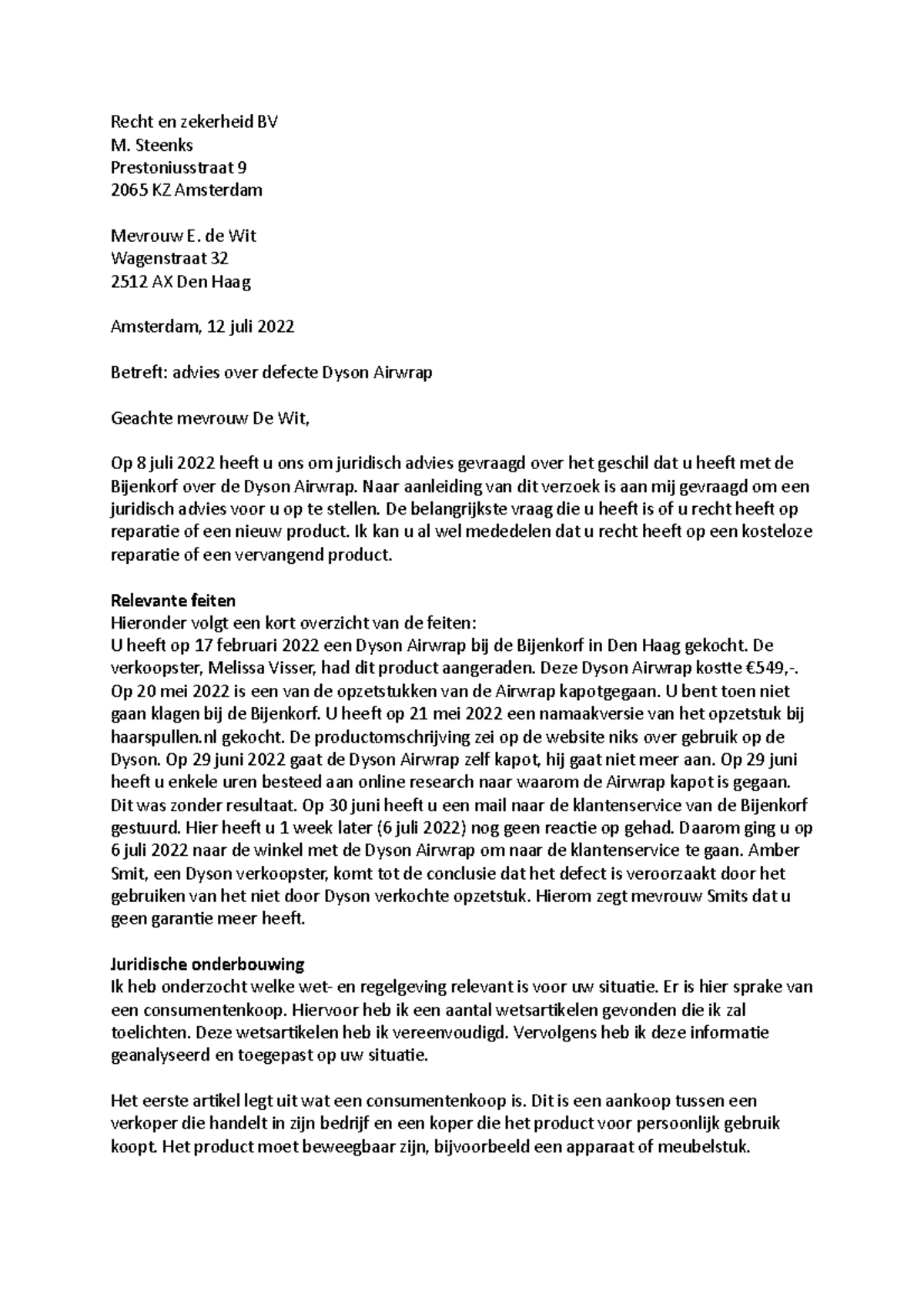 Adviesbrief koper Dyson Airwrap Inlever - Recht en zekerheid BV M ...