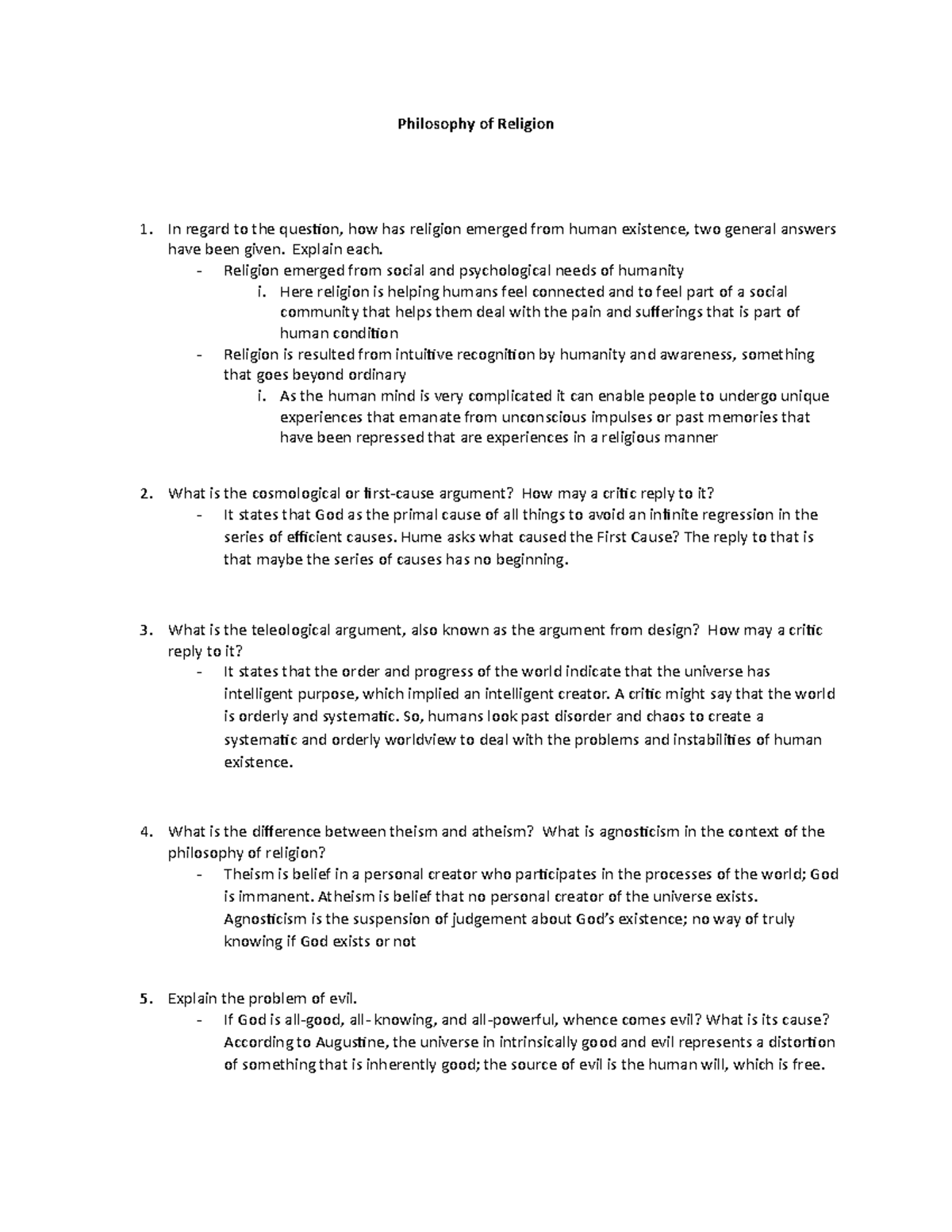 Philosophy Religion Questions - Philosophy of Religion In regard to the ...