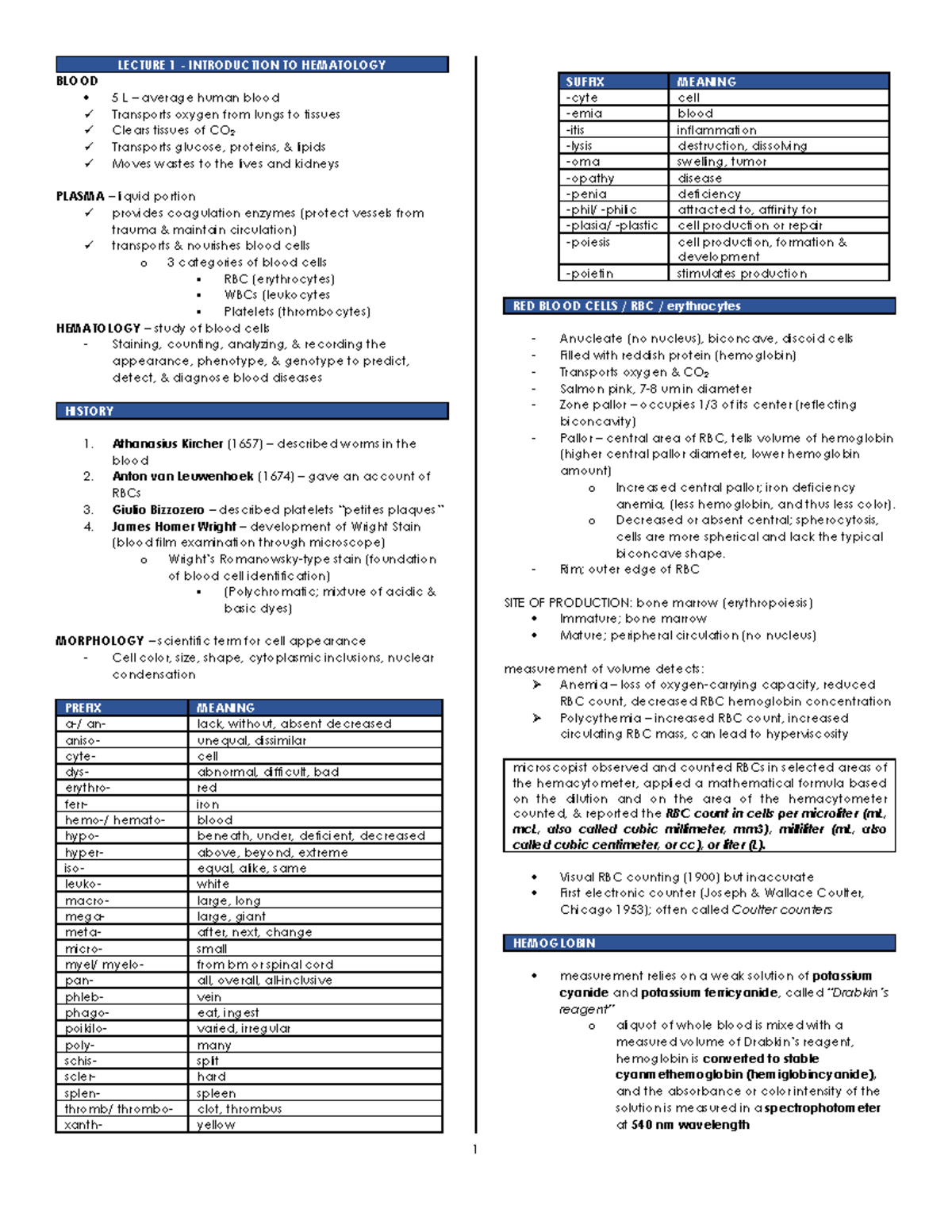 HEMA LEC 1,3 - allymae - Lec notes in Hematology 1 - LECTURE 1 ...