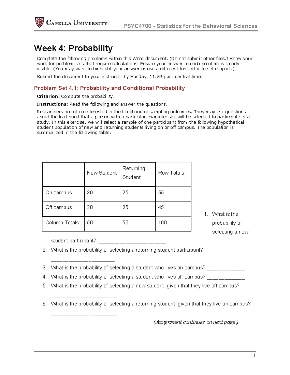 Cf u04a1 probability - Week 4 - Week 4: Probability Complete the following problems within this ...