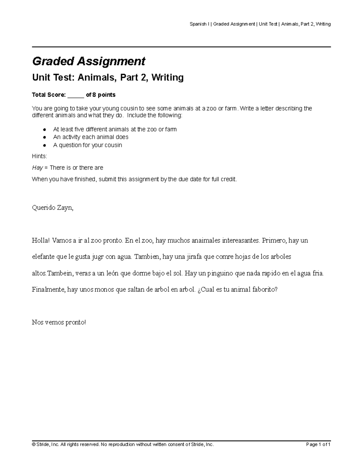 Spanish I, Semester 2, 6.10 Unit Test Animals Part 2 - Writing ...