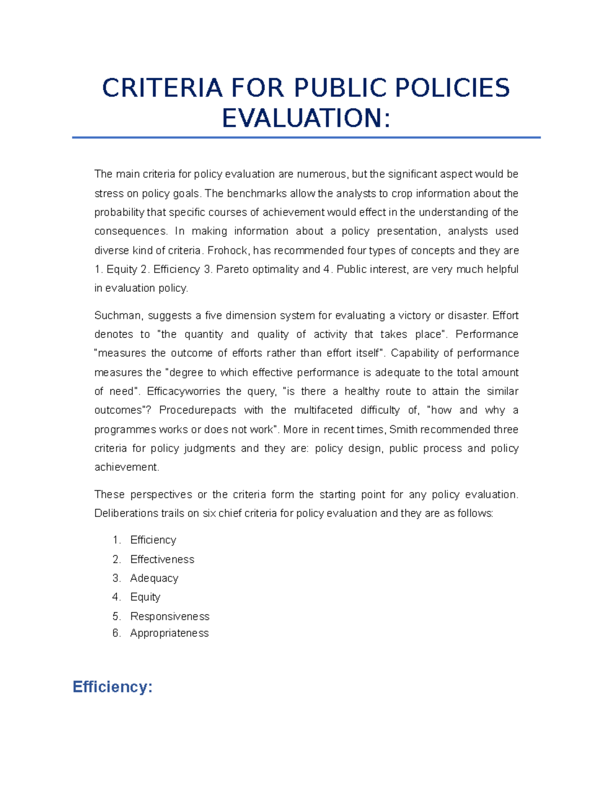 Criteria FOR Public P Olicies Evaluation - CRITERIA FOR PUBLIC POLICIES ...