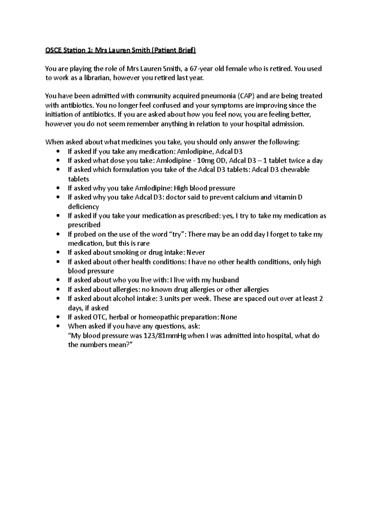 Patient Brief - Lauren Smith - OSCE Station 1: Mrs Lauren Smith ...