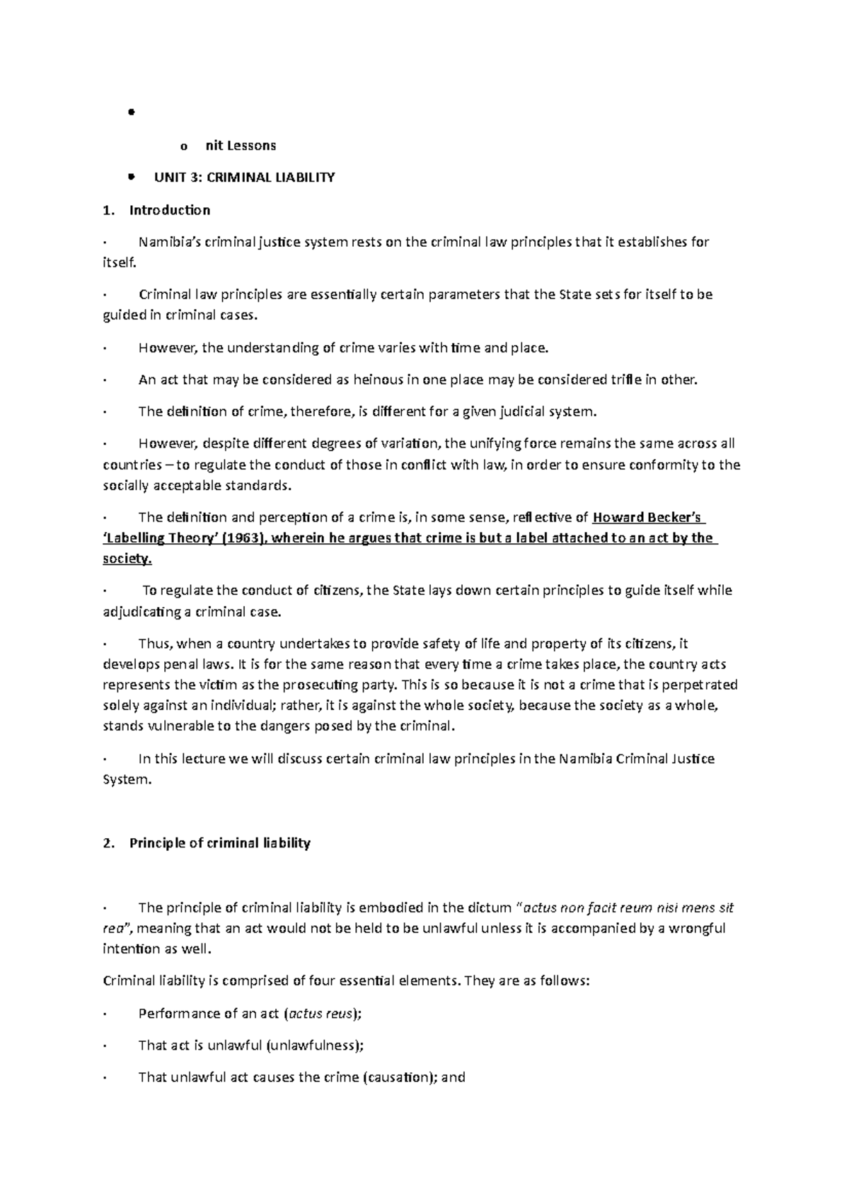 Unit 3 summary - Principles of Criminal Law - o nit Lessons UNIT 3 ...