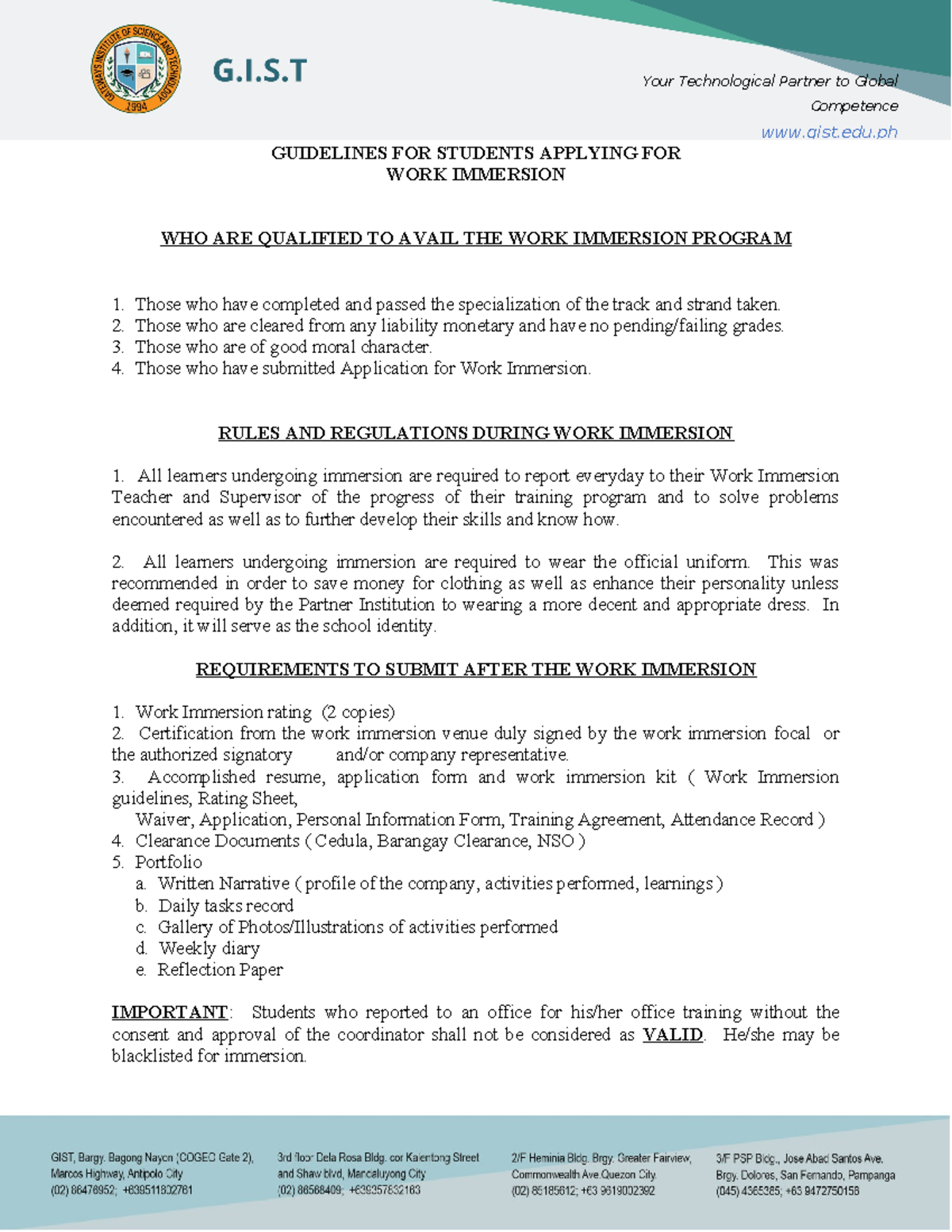 Guidelines FOR Students Applying FOR WORK Immersion - Competence gist ...