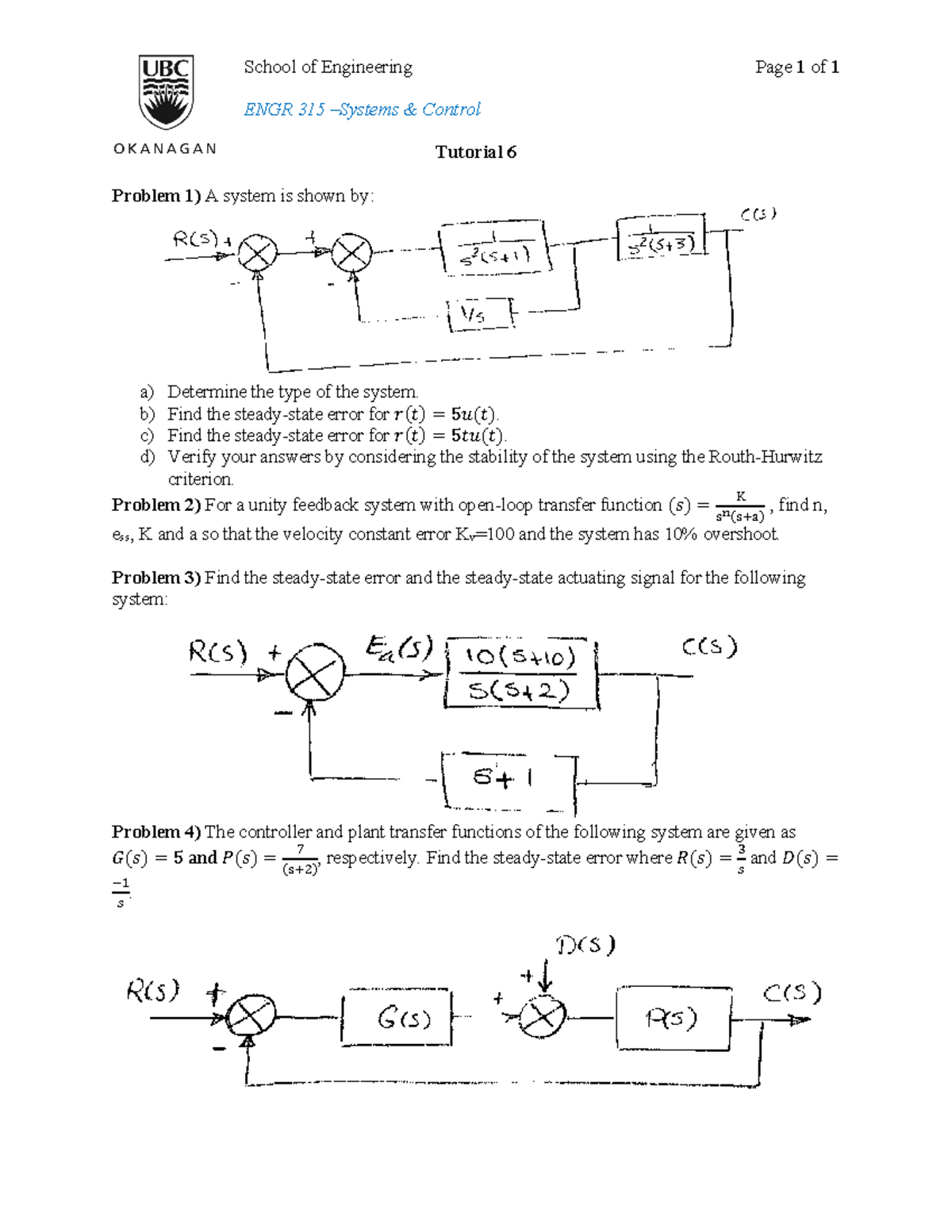 Tutorial 6 - Block diagrams and stability - School of Engineering Page 1 of 1 ENGR 315 –Systems ...