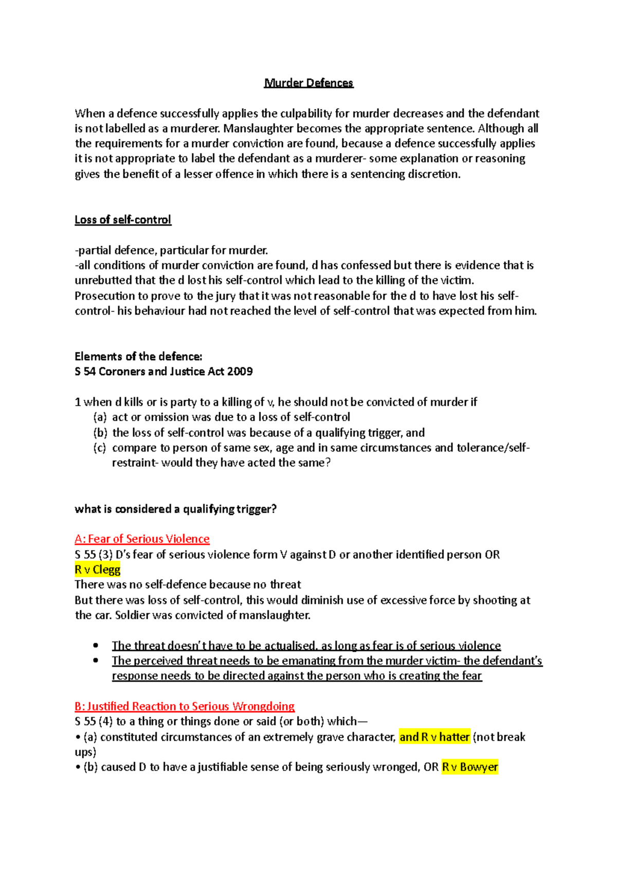 Loss of self control and DR - Murder Defences When a defence ...