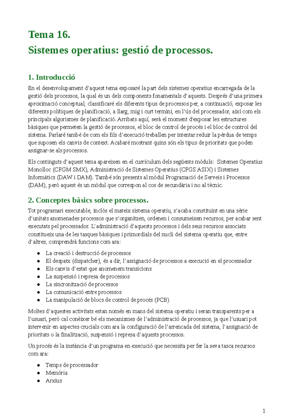 Tema 16 - Sistemes operatius gestió de processos. - Tema 16. Sistemes operatius: gestió de - Studocu