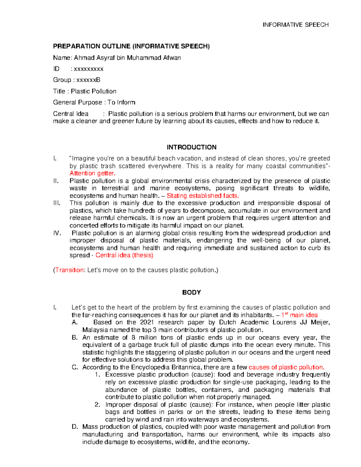 Informative Speech Outline - INFORMATIVE SPEECH PREPARATION OUTLINE ...