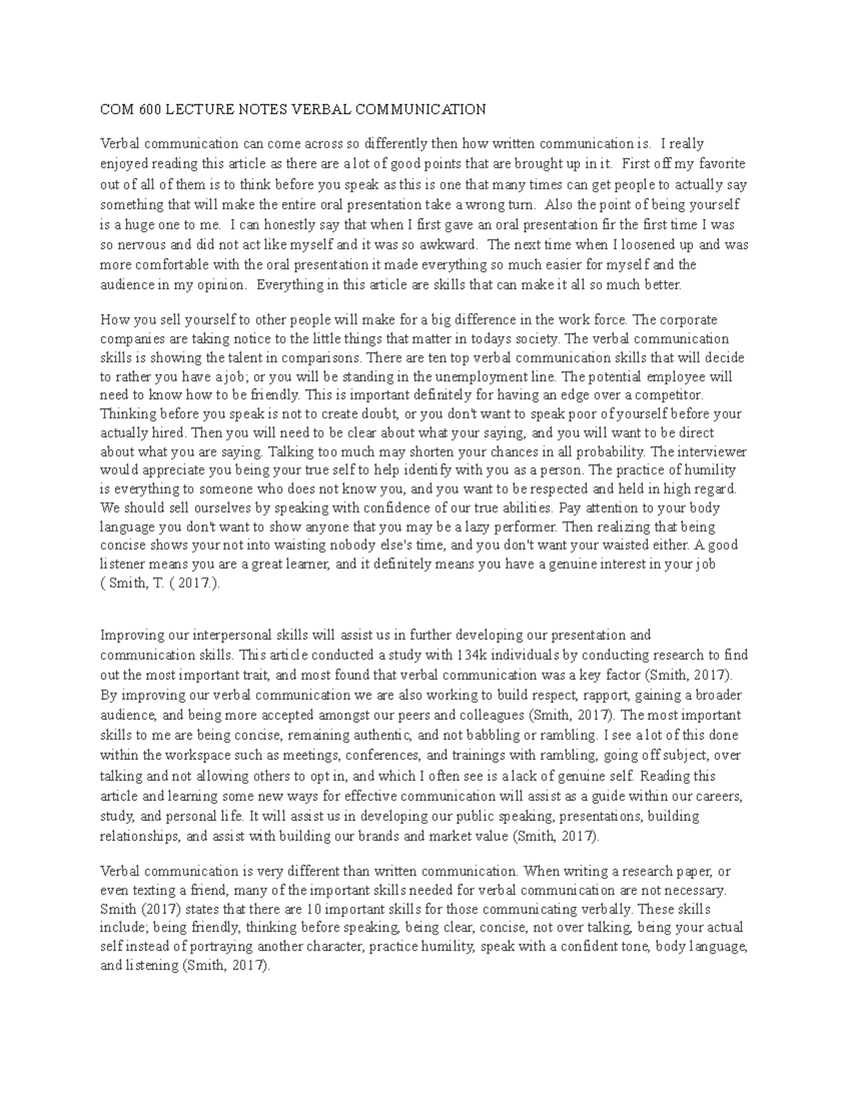 COM 600 Lecture Notes Verbal Communication - COM 600 LECTURE NOTES ...