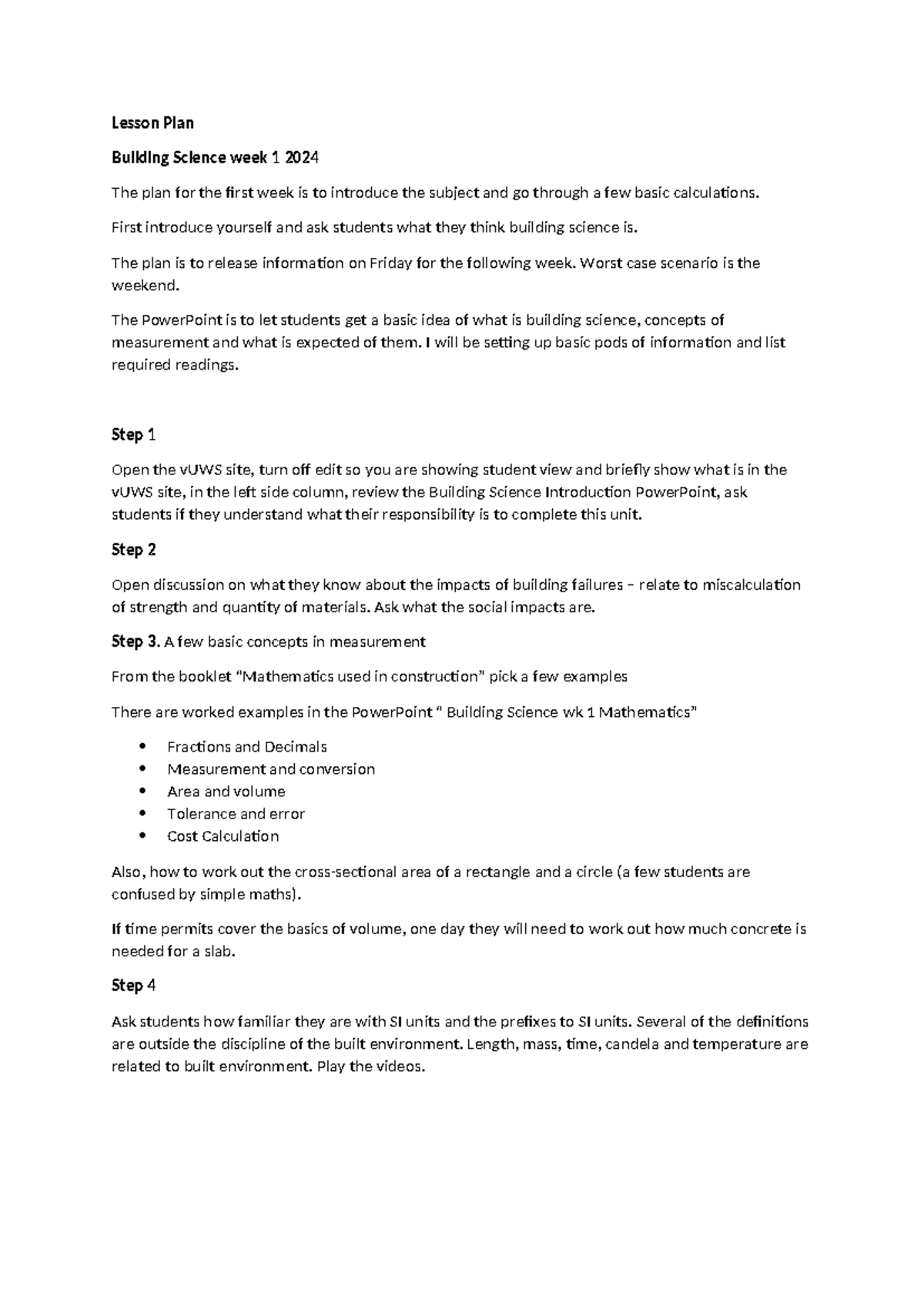 Tutorial 1 Lesson Plan 2024 Tutor view - Lesson Plan Building Science ...