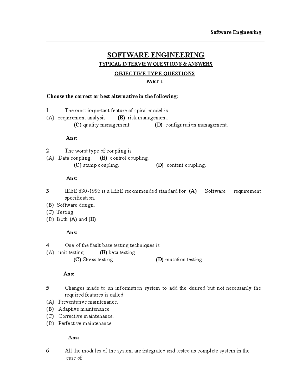 Test yourself - Practice questions for exam - SOFTWARE ENGINEERING ...