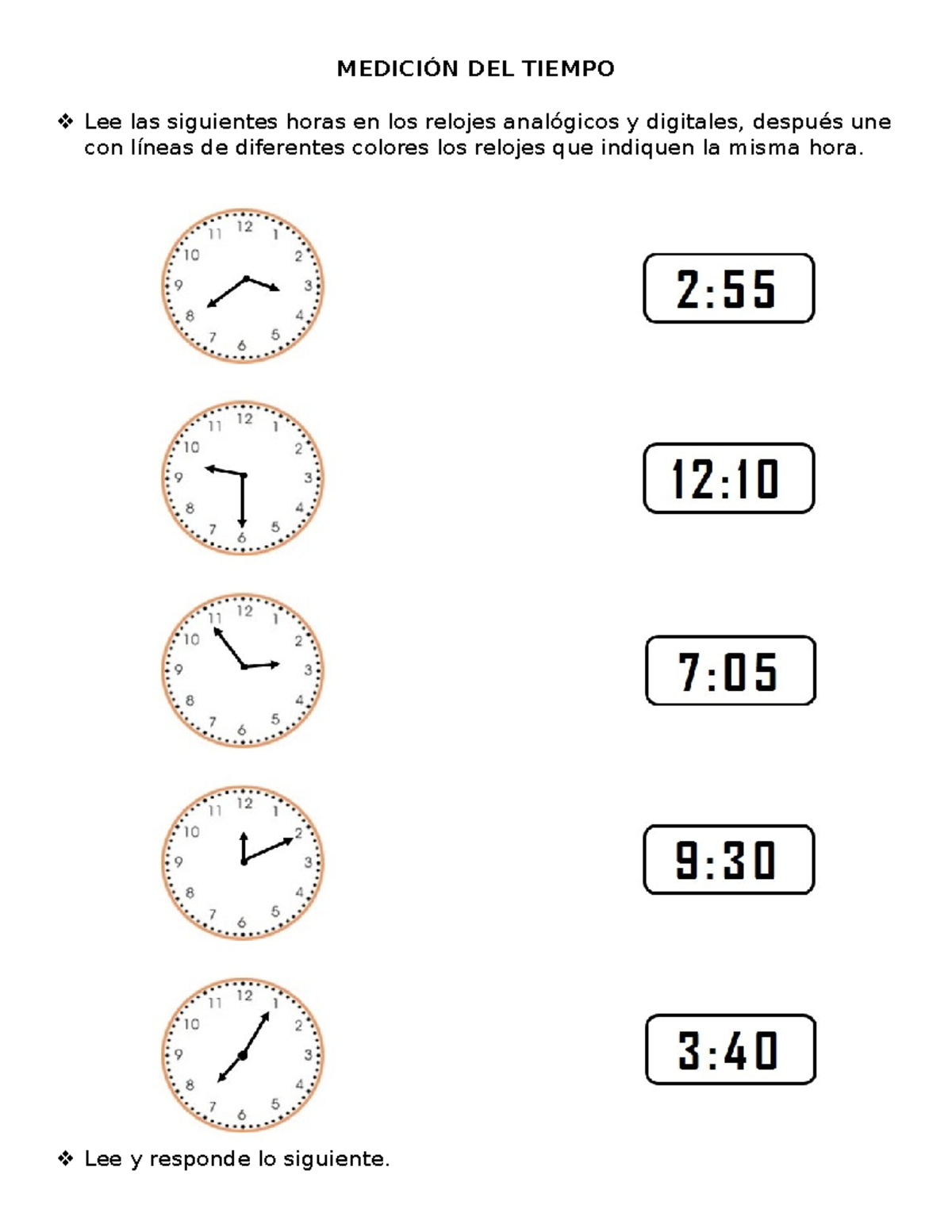 Medición DEL Tiempo - EJERCICIOS - Español - MEDICIÓN DEL TIEMPO Lee ...