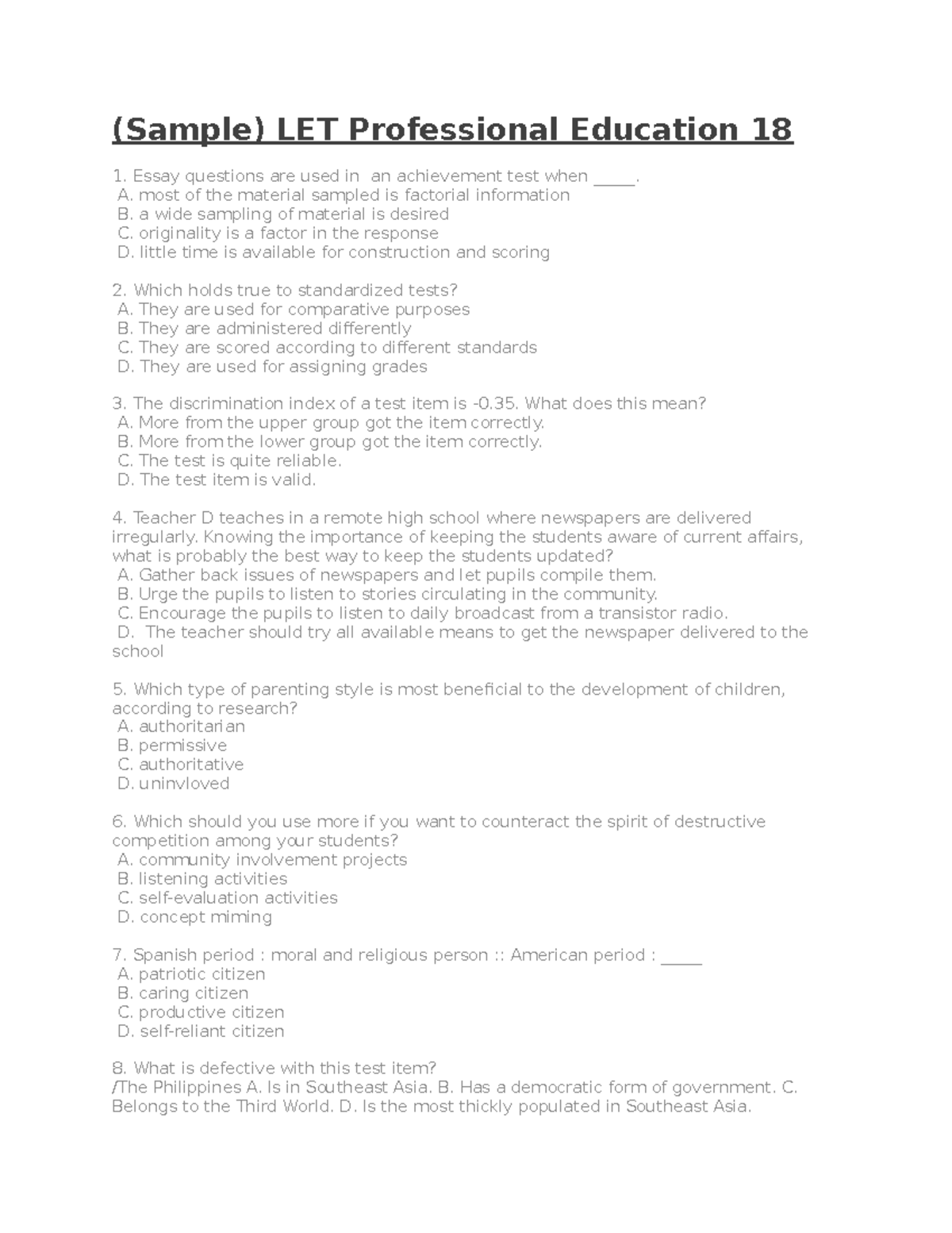 (Sample) LET Professional Education 18 - A. most of the material ...