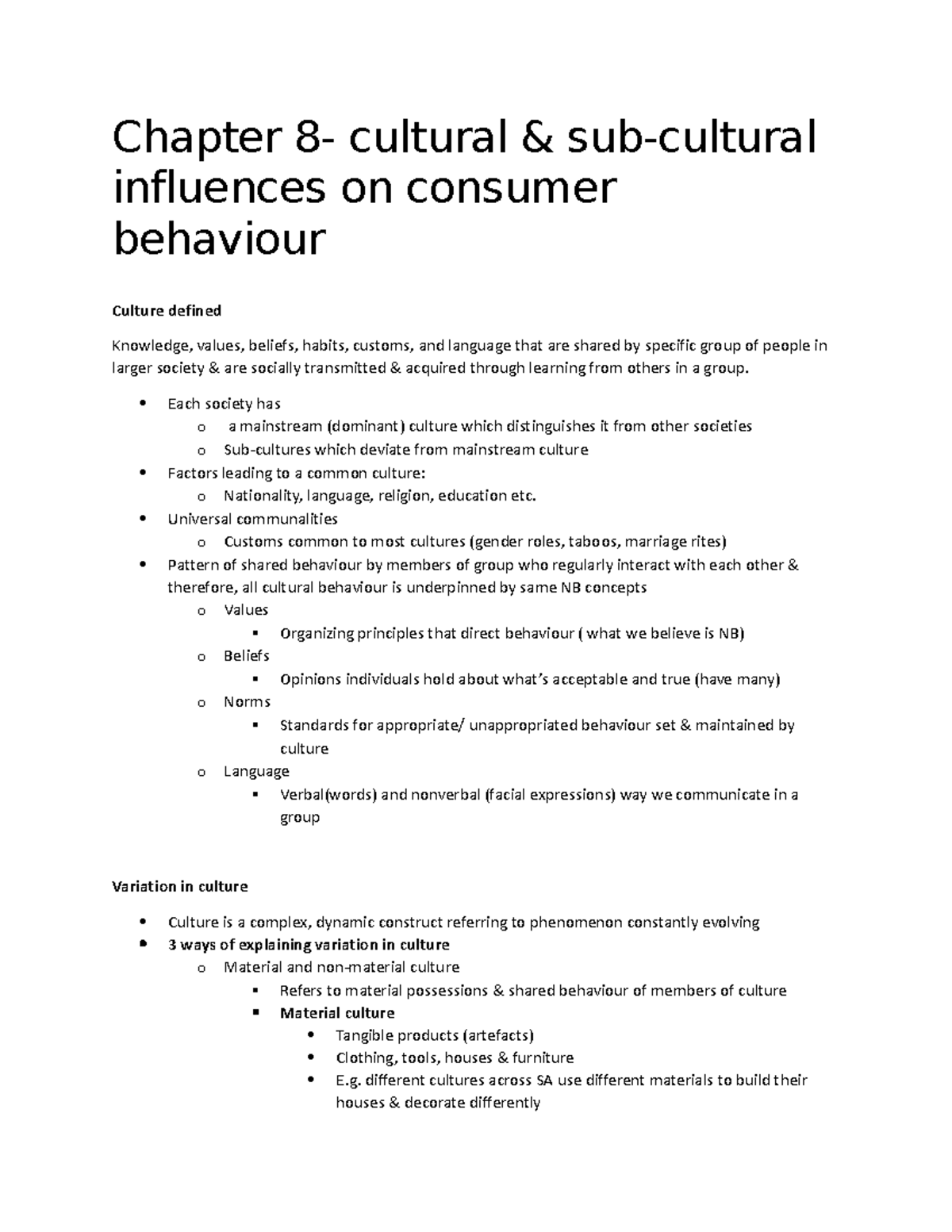 Chapter 8 notes - Chapter 8- cultural & sub-cultural influences on ...