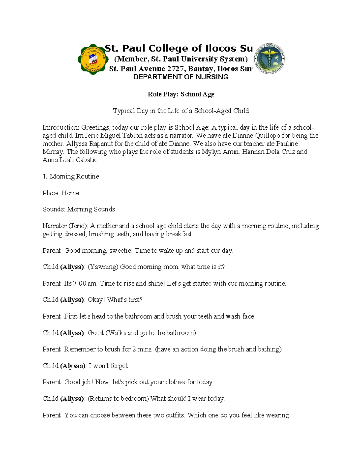 Script Role Play - Role play - St. Paul College of Ilocos Sur (Member ...
