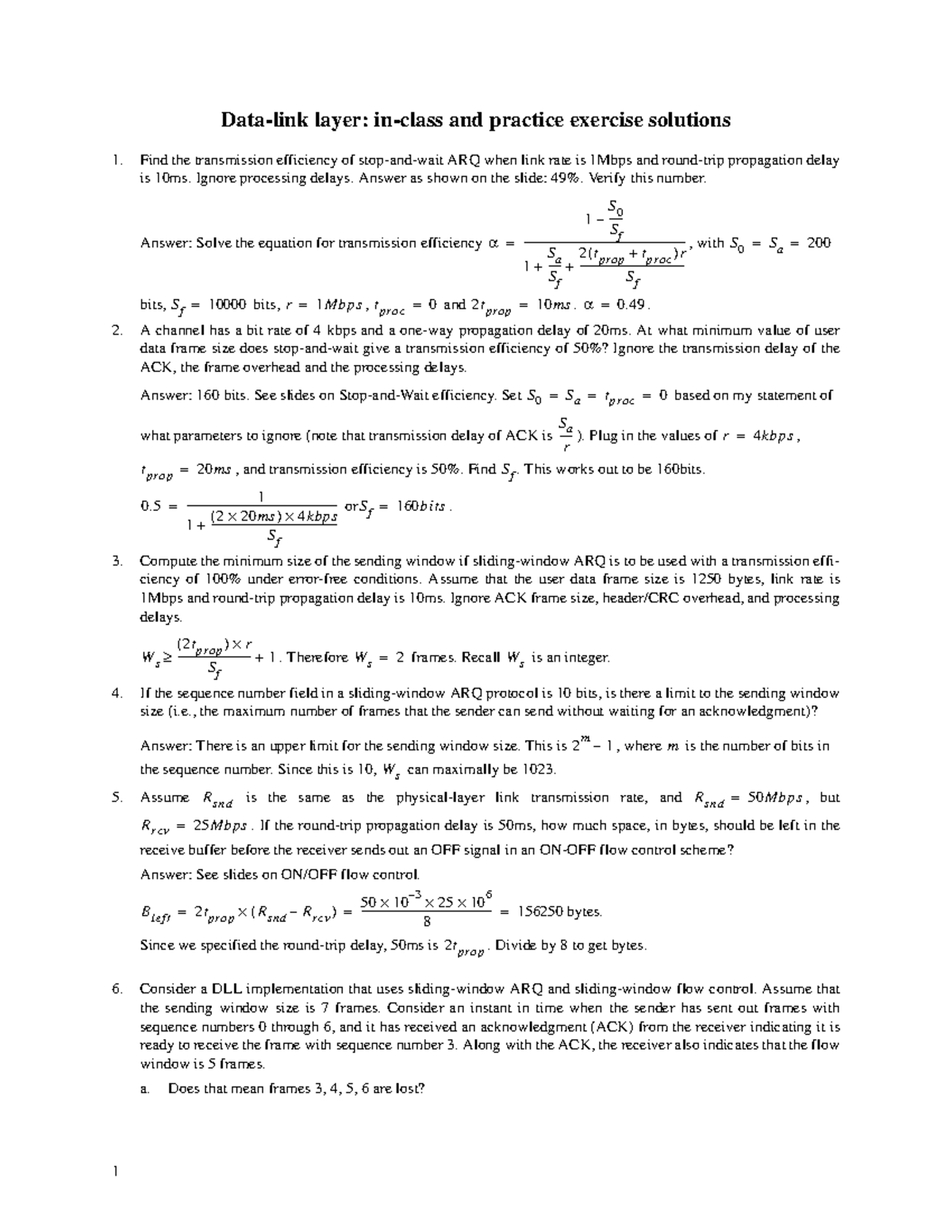 DLL-exer-solutions - DLL-exer-solutions - 1 Data-link layer: in-class and practice exercise ...