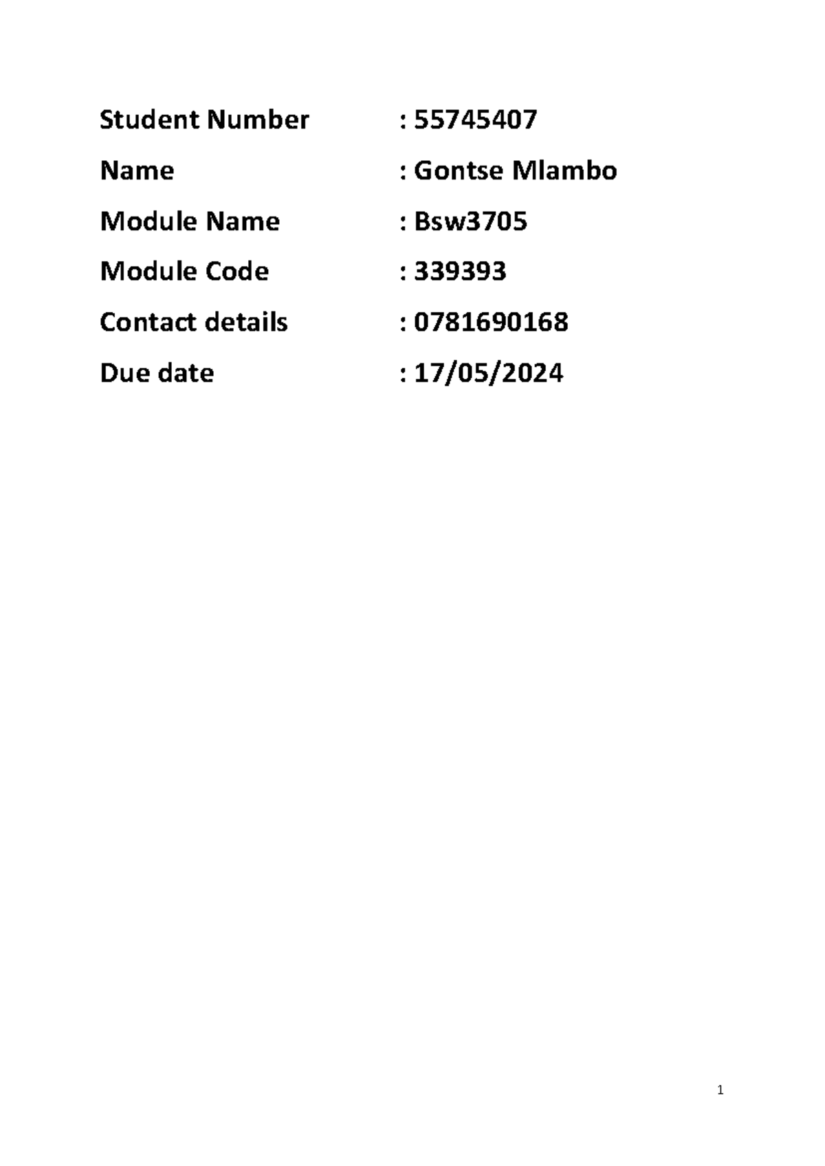 Bsw3705assignment 1 - Practical module - Name : Gontse Mlambo Student Number : Module Name : Bsw ...
