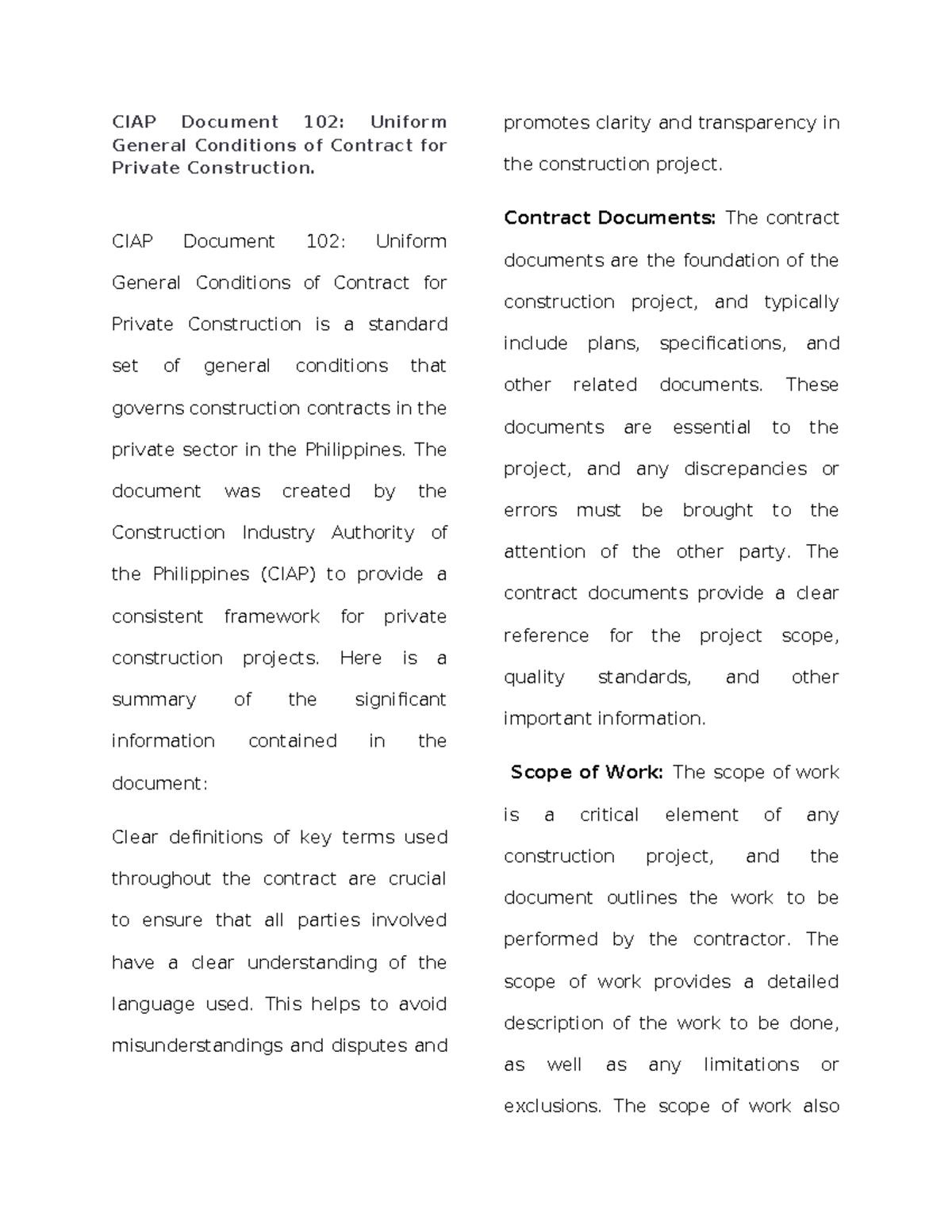 CIAP Document 102 - CIAP Document 102: Uniform General Conditions of Contract for Private - Studocu